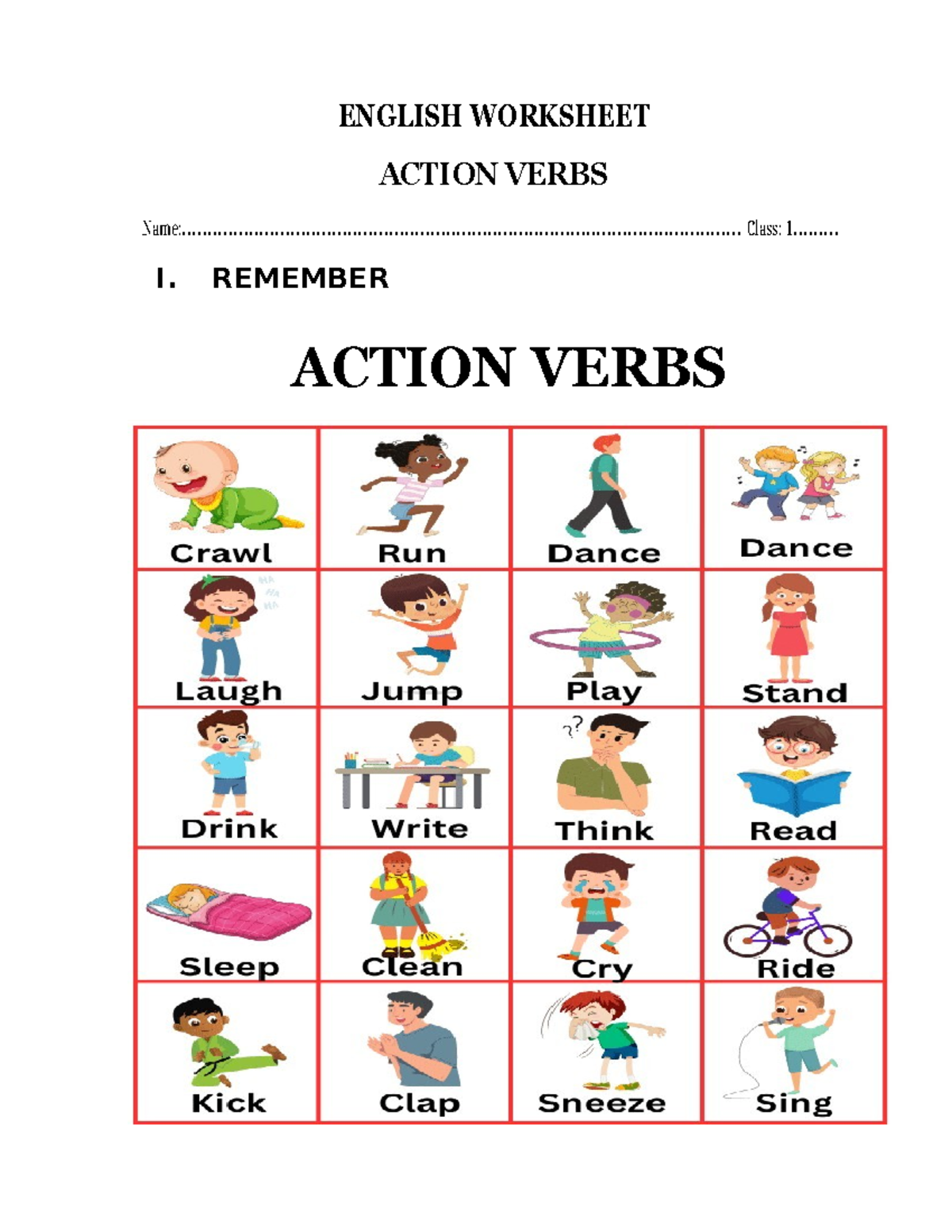 Action Verbs action - ENGLISH WORKSHEET ACTION VERBS - Studocu