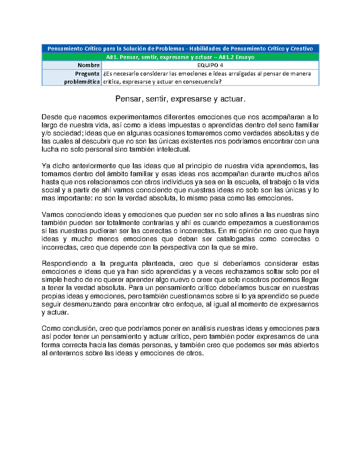 A01-2 ensayo v3 - Pensar, sentir, expresarse y actuar. Desde que ...