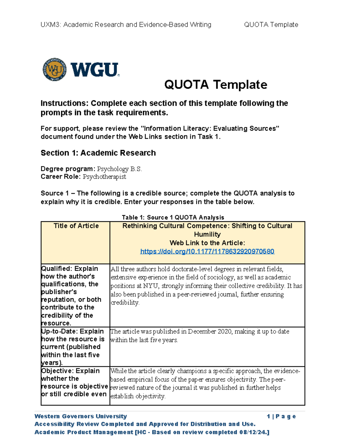 Academic Research and Evidence-Based Writing - QUOTA Template Instructions: Complete each ...
