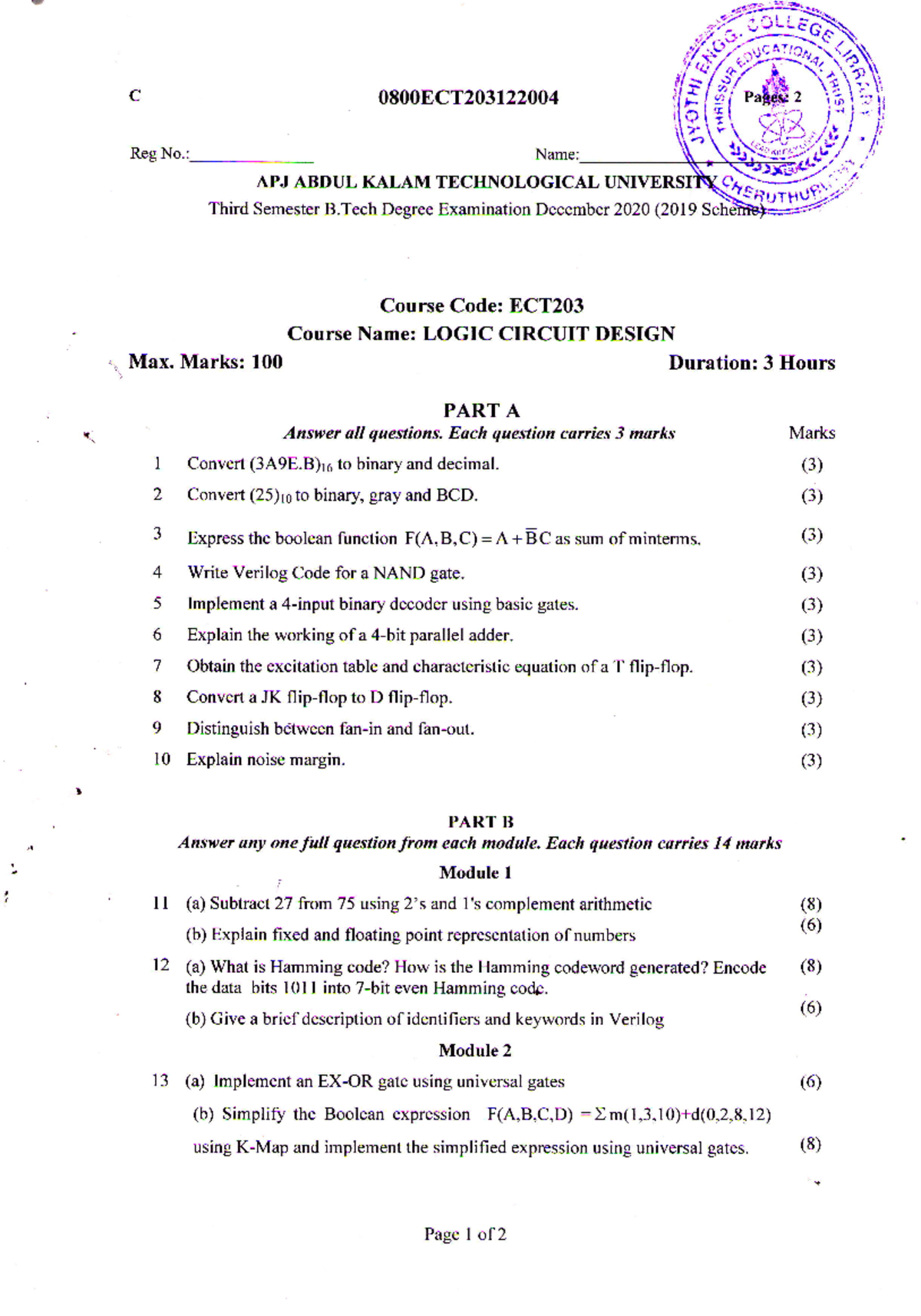 Ect203 Qp Dec 2020 University Qp C Reg No 0800ect Apj Abdul Kalam Teciinological Unive 