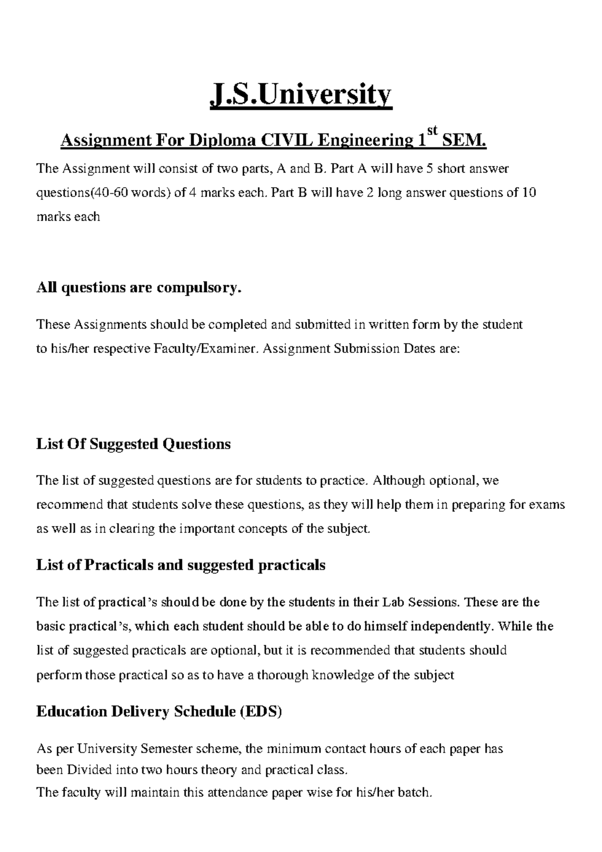 Diploma Civil 1ST SEM Assignment - J.S Assignment For Diploma CIVIL ...