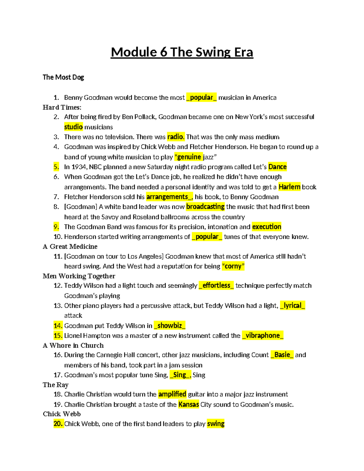 Module 6 The Swing Era - Module 6 The Swing Era The Most Dog 1. Benny ...