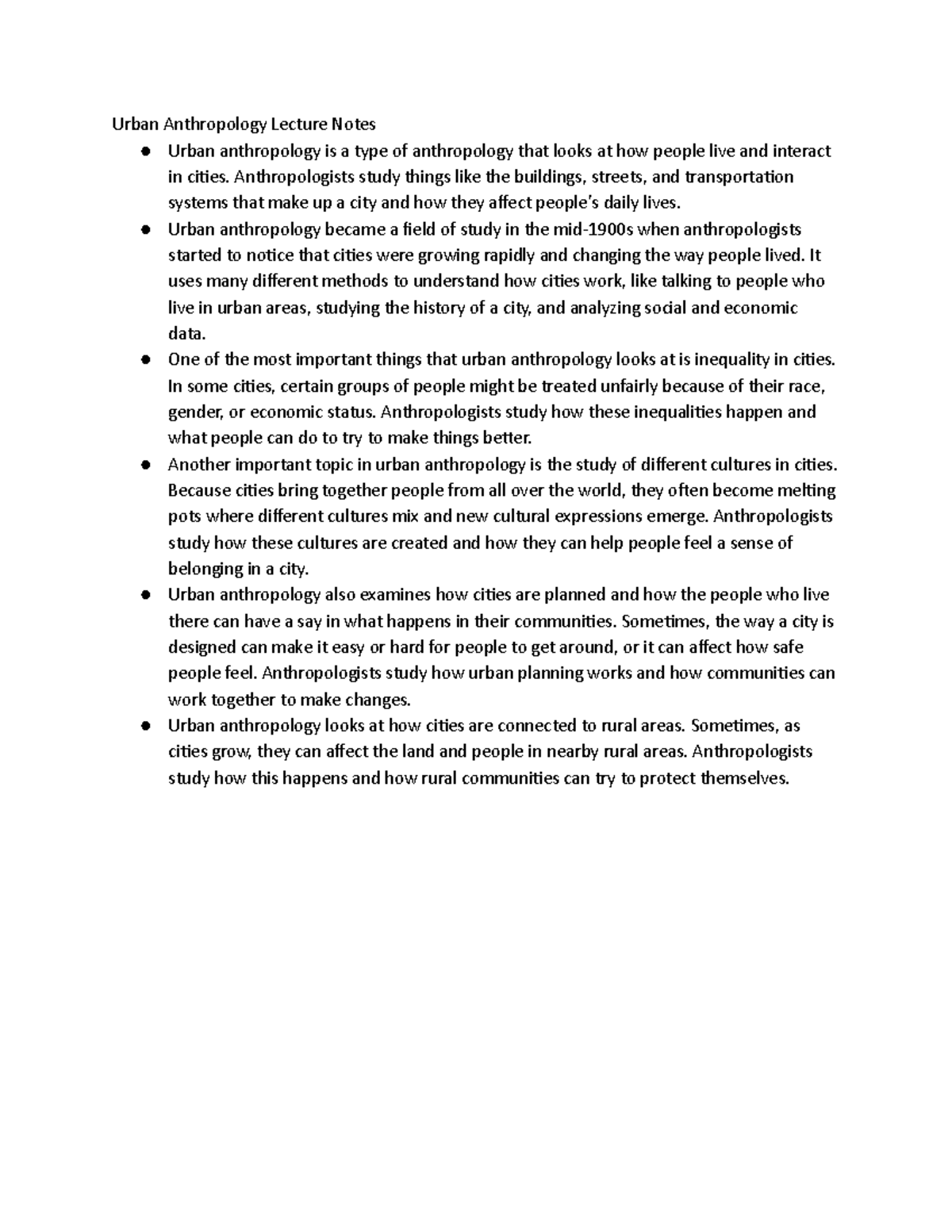 Uban anthropology notes - Urban Anthropology Lecture Notes Urban ...