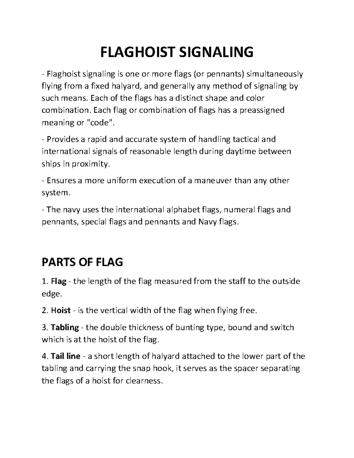 534th Midterms Notes 1 - FLAGHOIST SIGNALING - Flaghoist signaling is ...