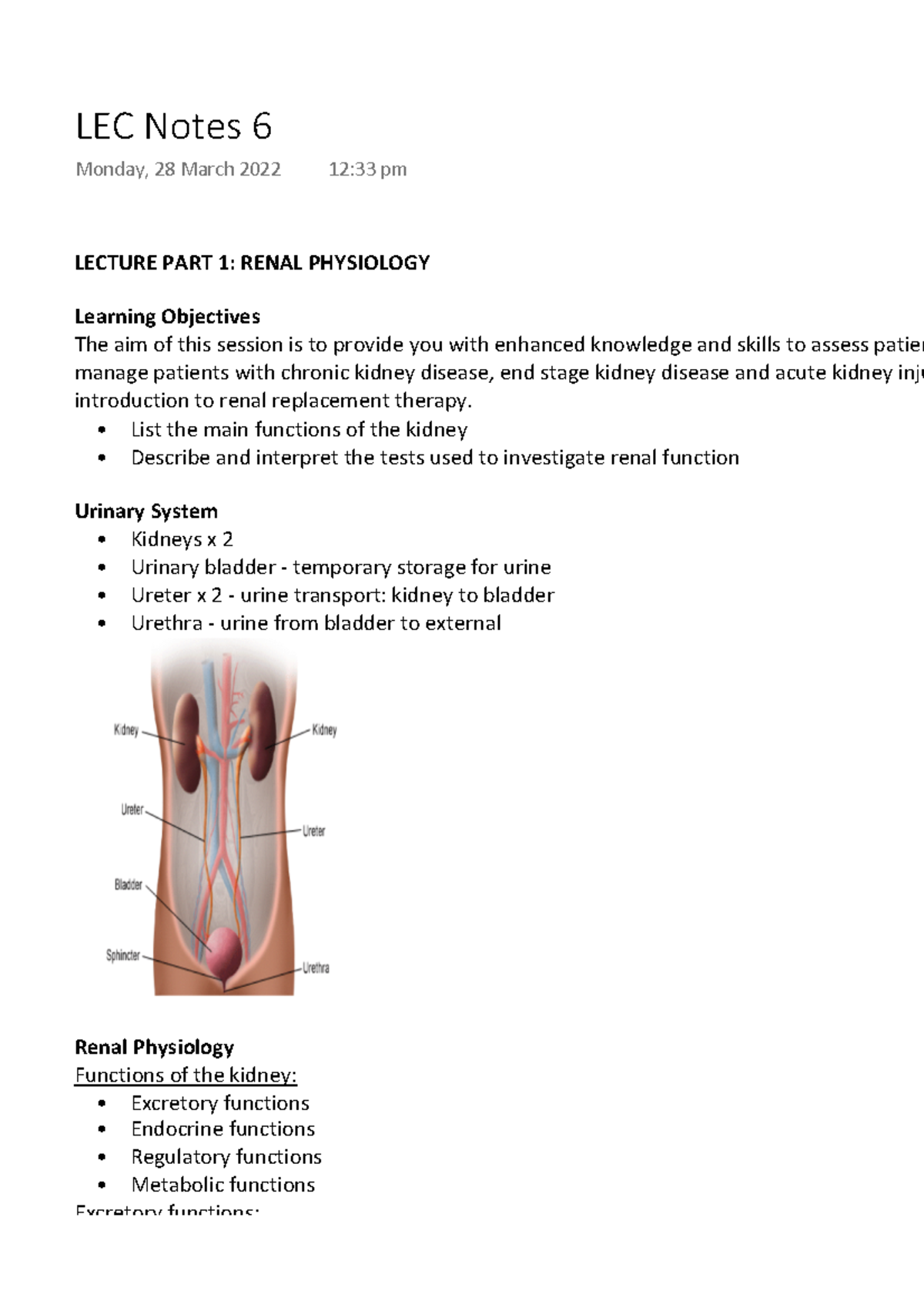 LEC Notes 6 Better Notes - LECTURE PART 1: RENAL PHYSIOLOGY Learning ...