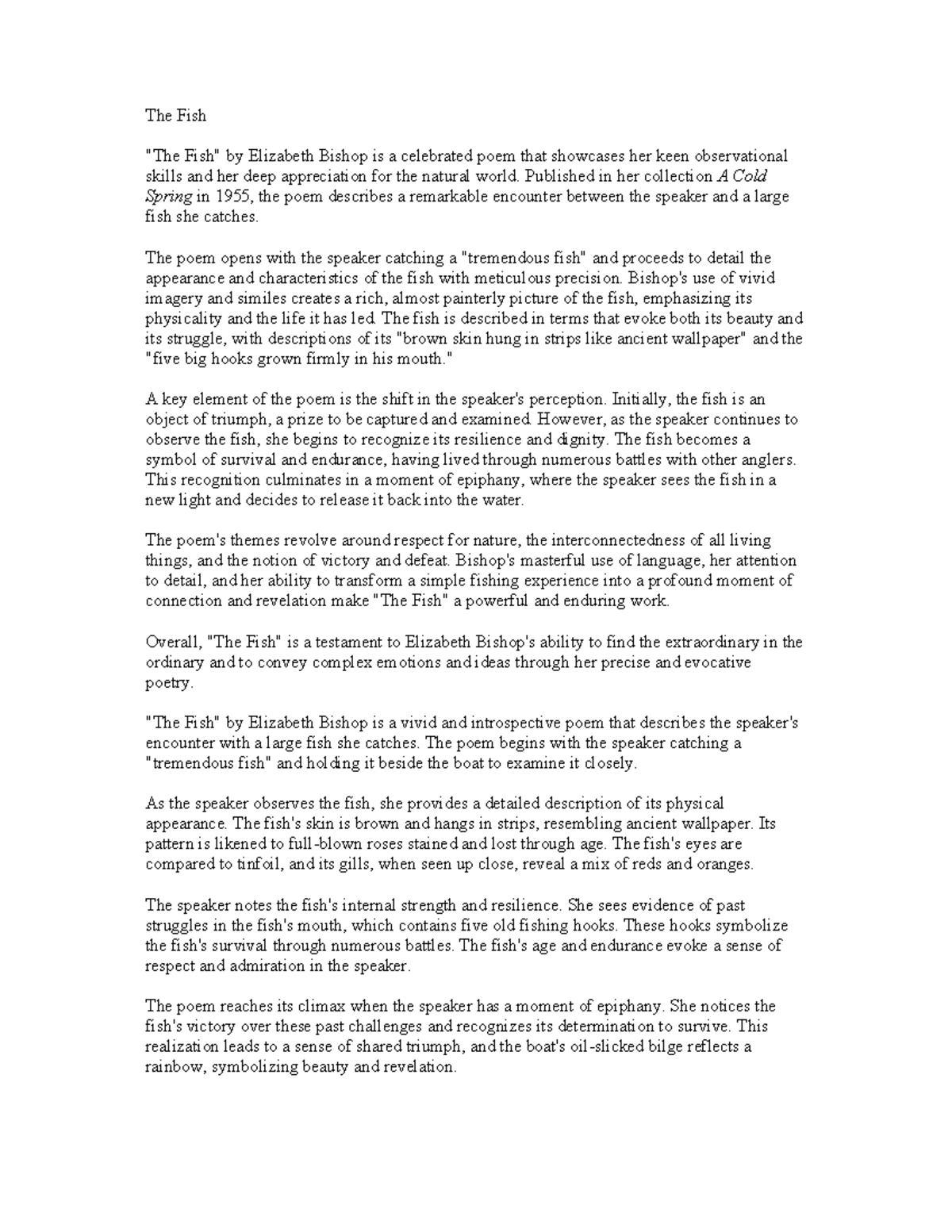 The Fish Poem by Elizabeth Bishop - The Fish "The Fish" by Elizabeth ...