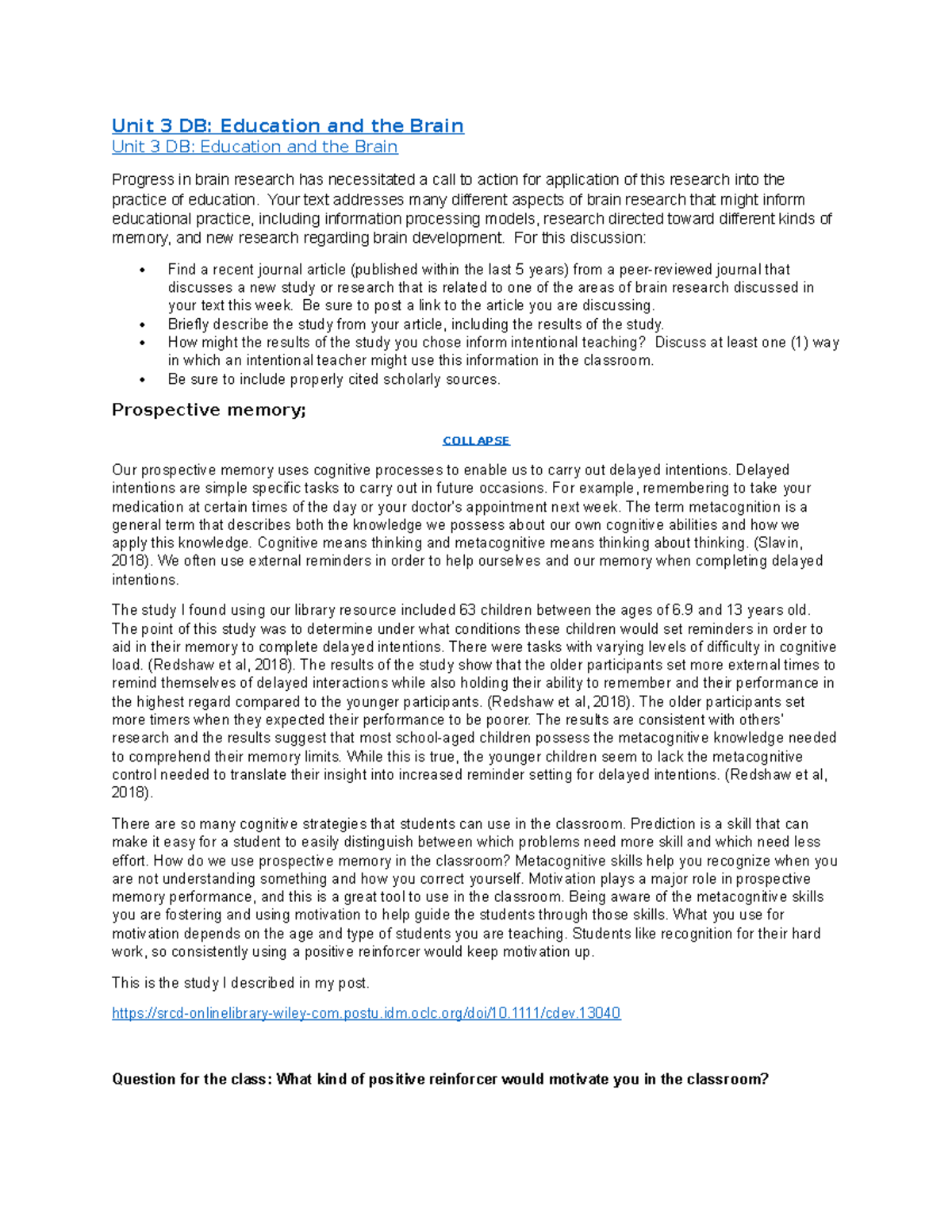 PSY260 Unit3Coursework - Unit 3 DB: Education and the Brain Unit 3 DB ...