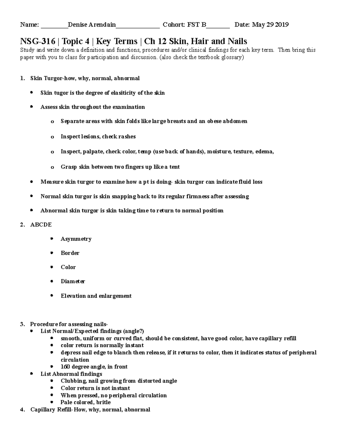 Week 4 key terms - Exam 1 NSG 316 Study Guide - Name: Denise Arendain_____ Cohort: FST B ...