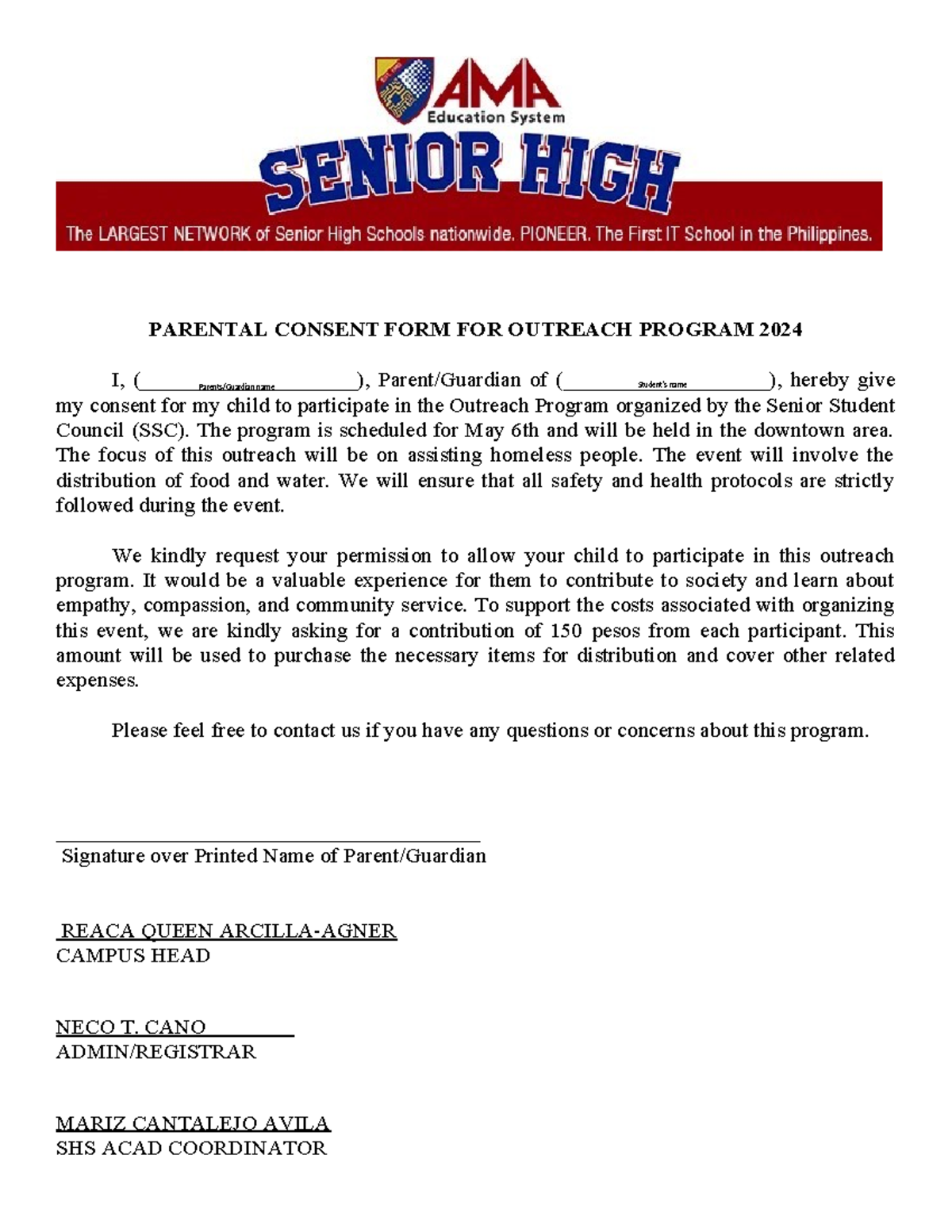 Parental Consent FORM FOR Outreach Program 2024 1 - PARENTAL CONSENT ...