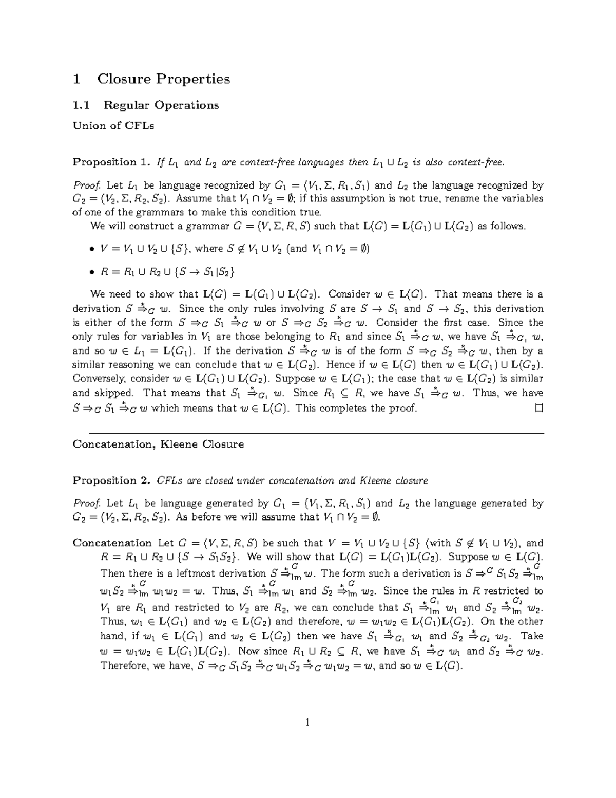 Closure cfl - 1 Closure Properties 1 Regular Operations Union of CFLs Proposition 1. If L 1 and ...