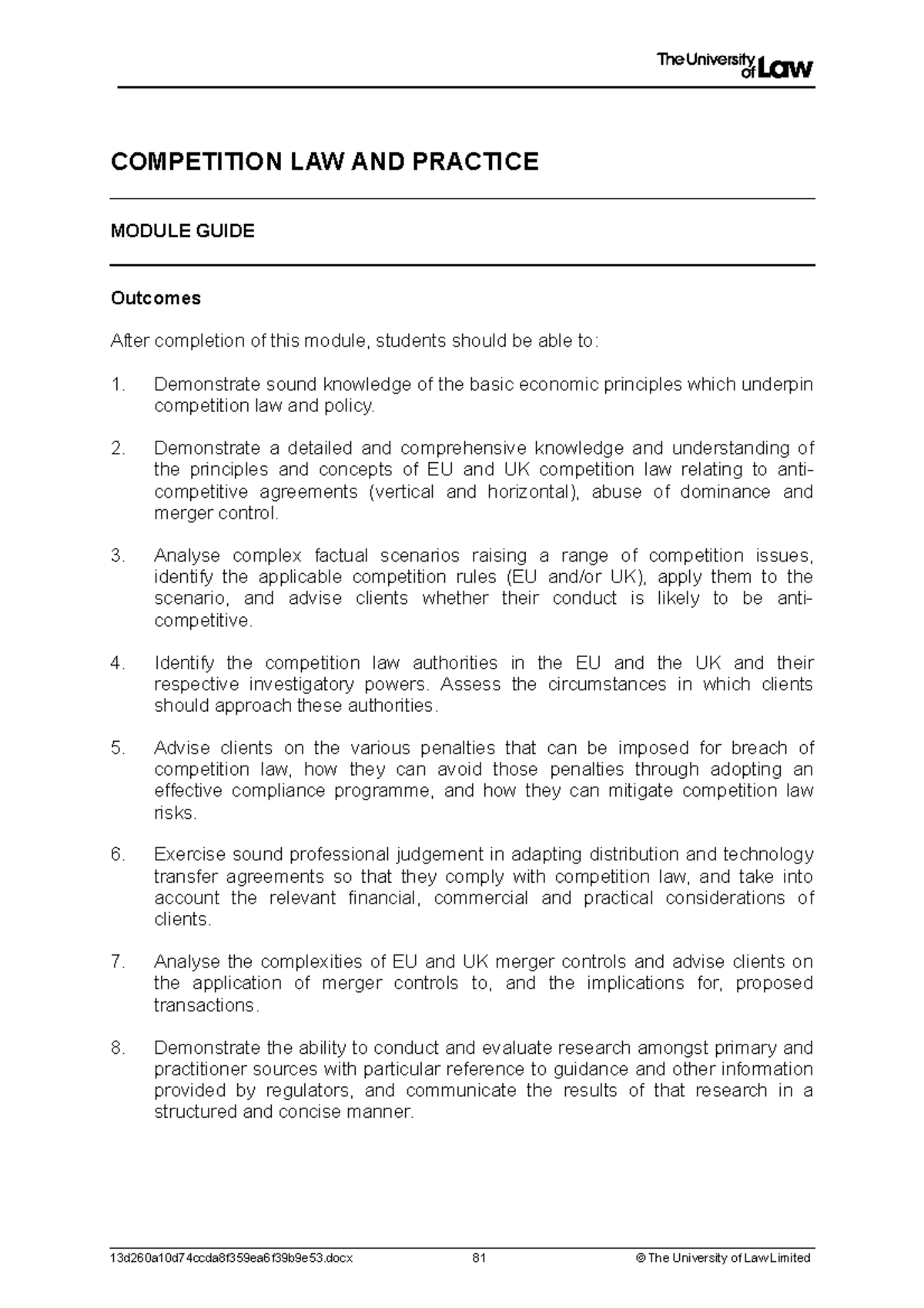 1920 comp ce01 module guide - COMPETITION LAW AND PRACTICE MODULE GUIDE ...