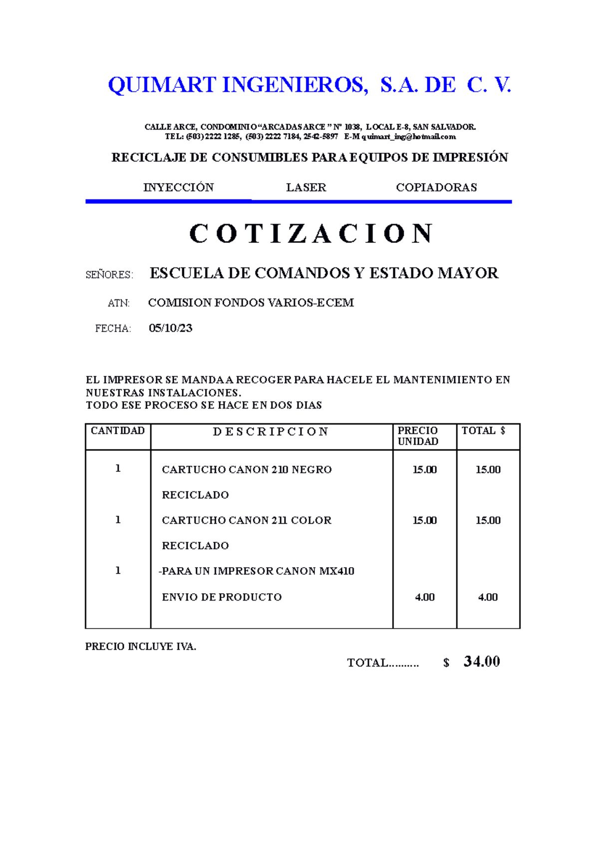 Cotizacion Cartuchos Bnnnn Quimart Ingenieros S De C V Calle