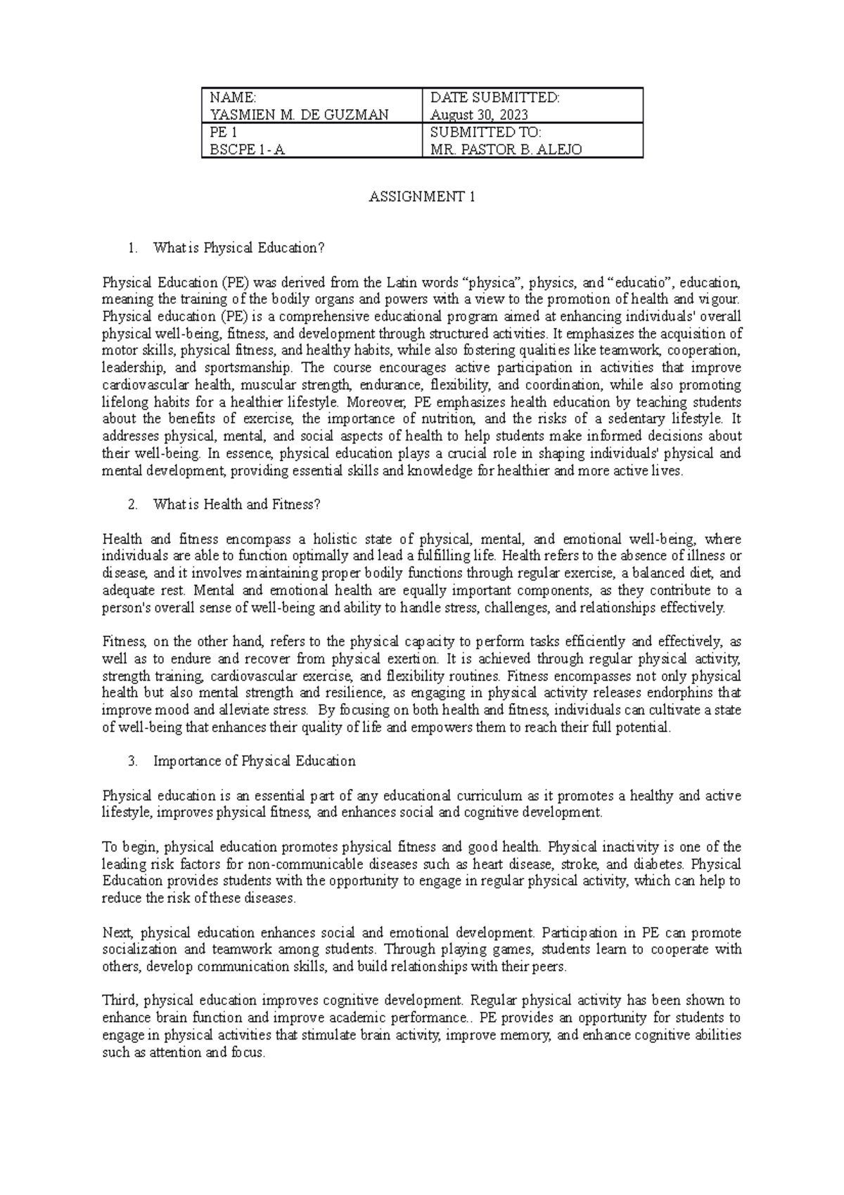 PE 1 Assignment-DE Guzman^J Y^ - ASSIGNMENT 1 What is Physical ...