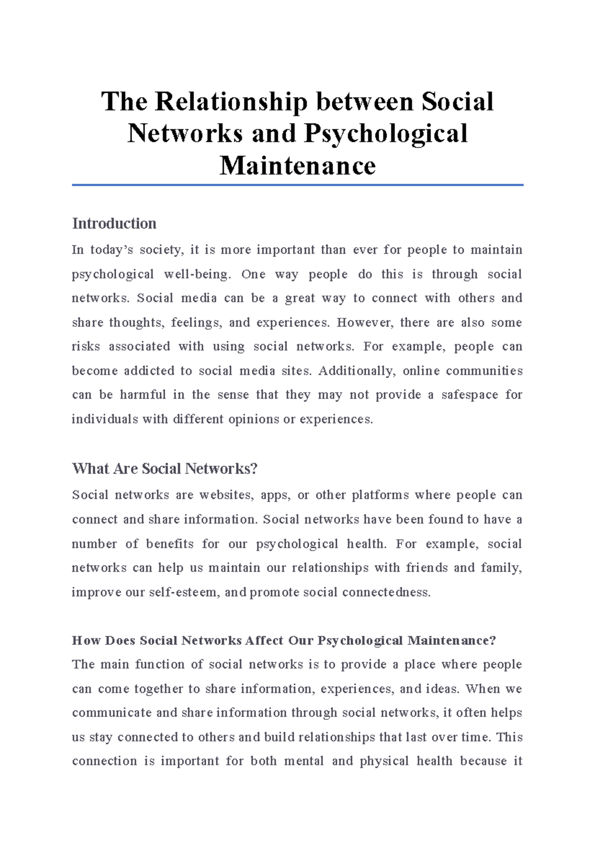 The Relationship between Social Networks and Psychological Maintenance ...