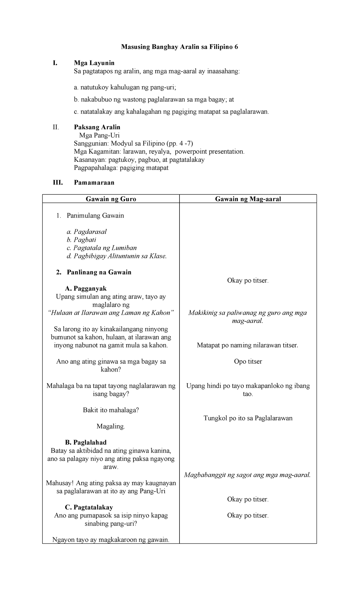 Filipino Lesson Plan - Masusing Banghay Aralin sa Filipino 6 I. Mga ...