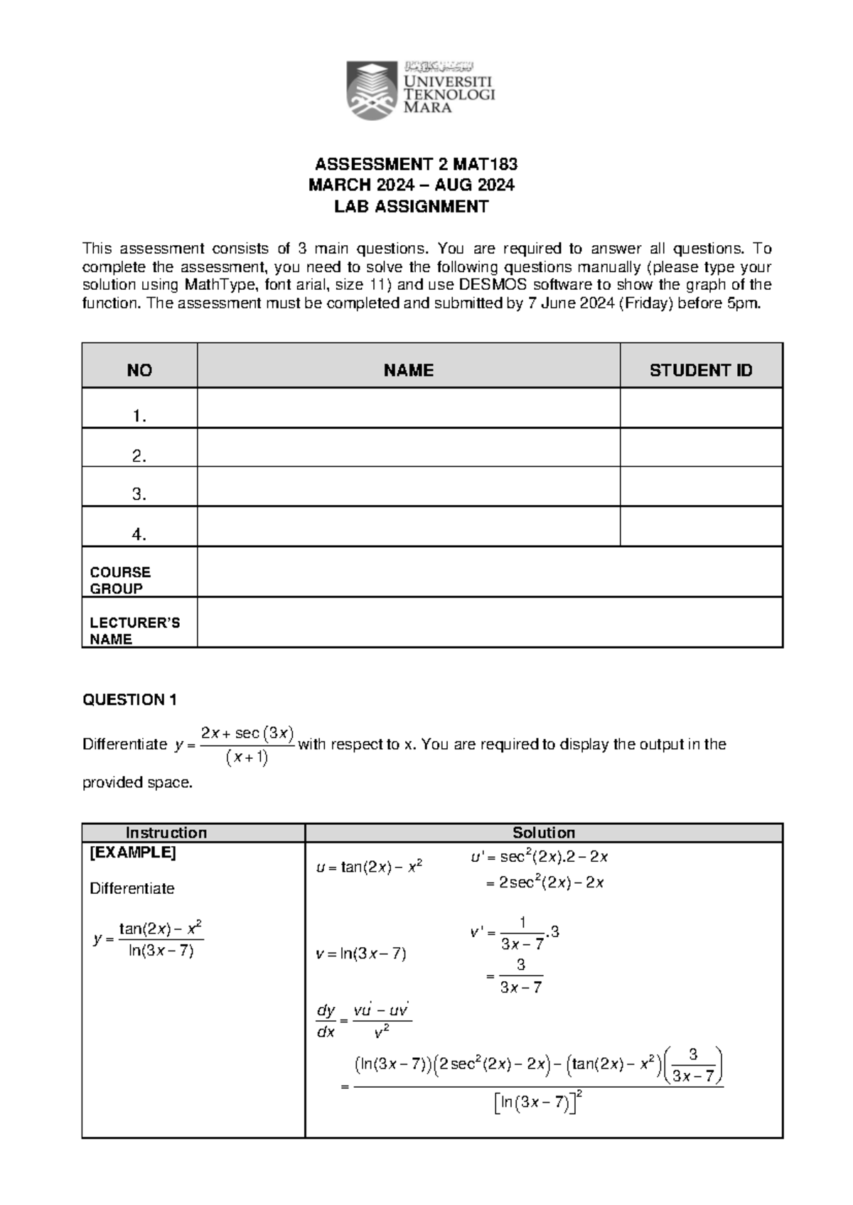 Assessment 2 Lab Assignment Mat183 May2024 Assessment 2 Mat March 2024 Aug 2024 Lab