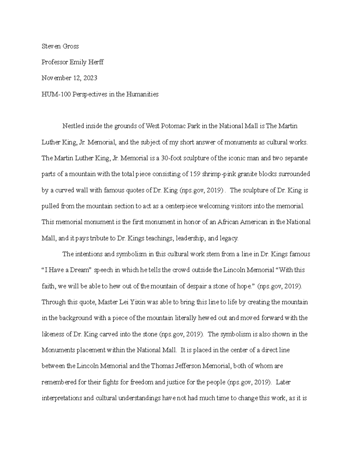 HUM 100 - MOD 4 Short Answer - Steven Gross Professor Emily Herff ...