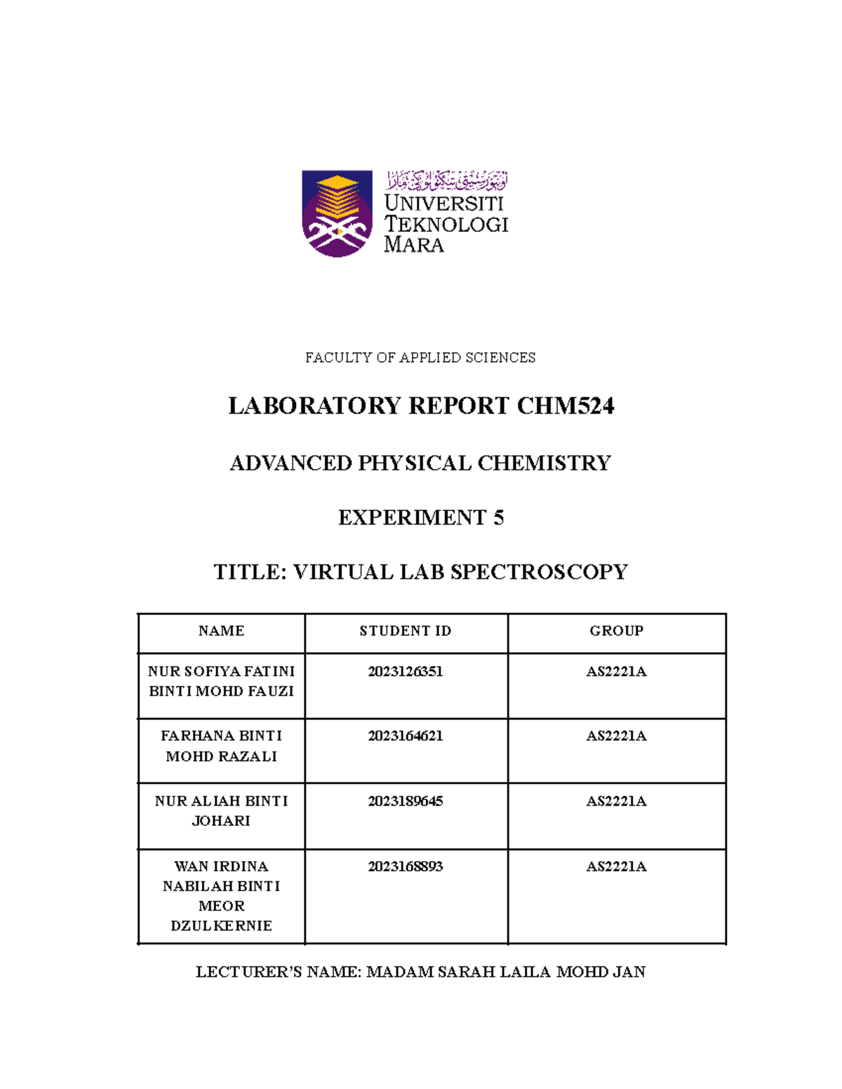 Virtual LAB CHM524 - FACULTY OF APPLIED SCIENCES LABORATORY REPORT CHM ...