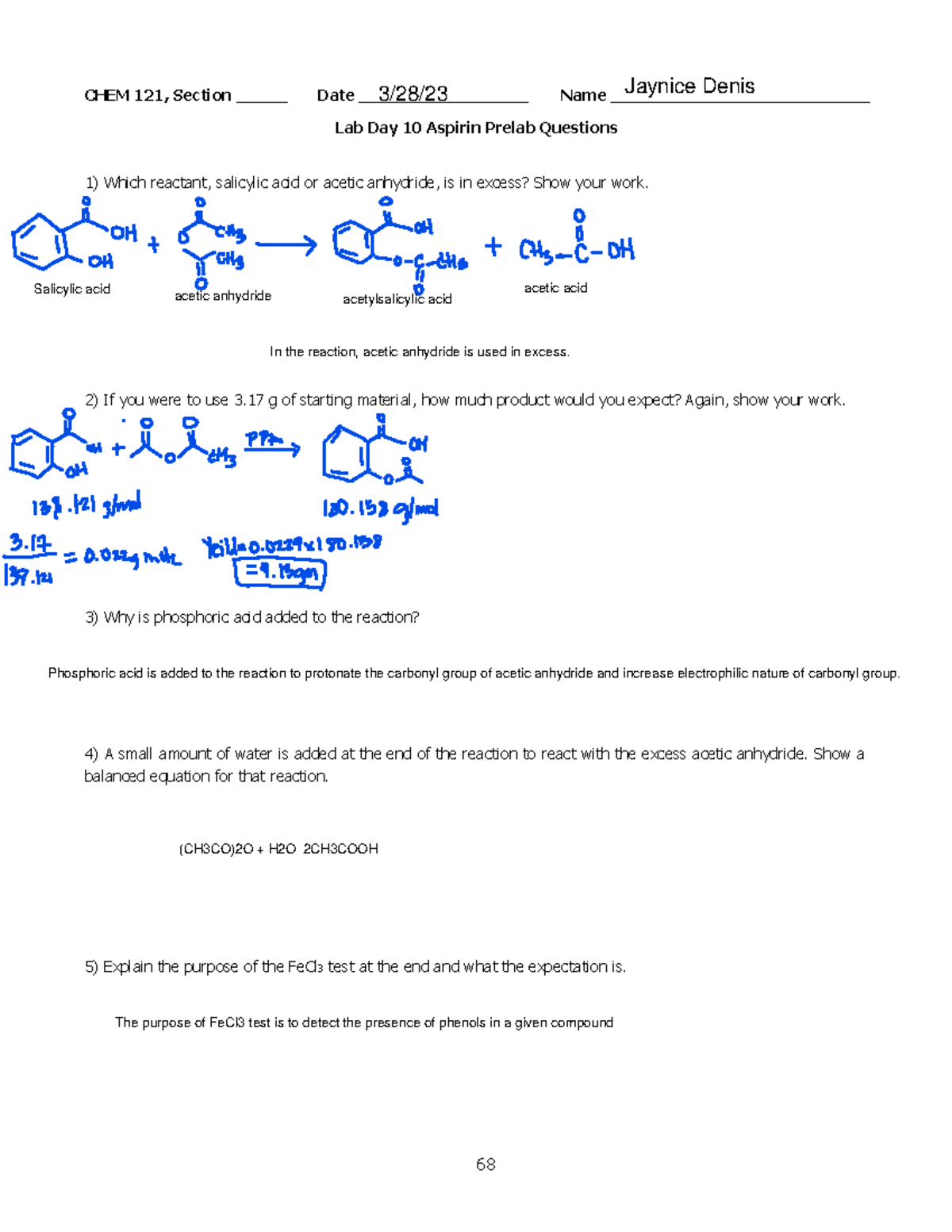 Prelab 10 - 68 CHEM 121, Section Date Name Lab Day 10 Aspirin Prelab ...
