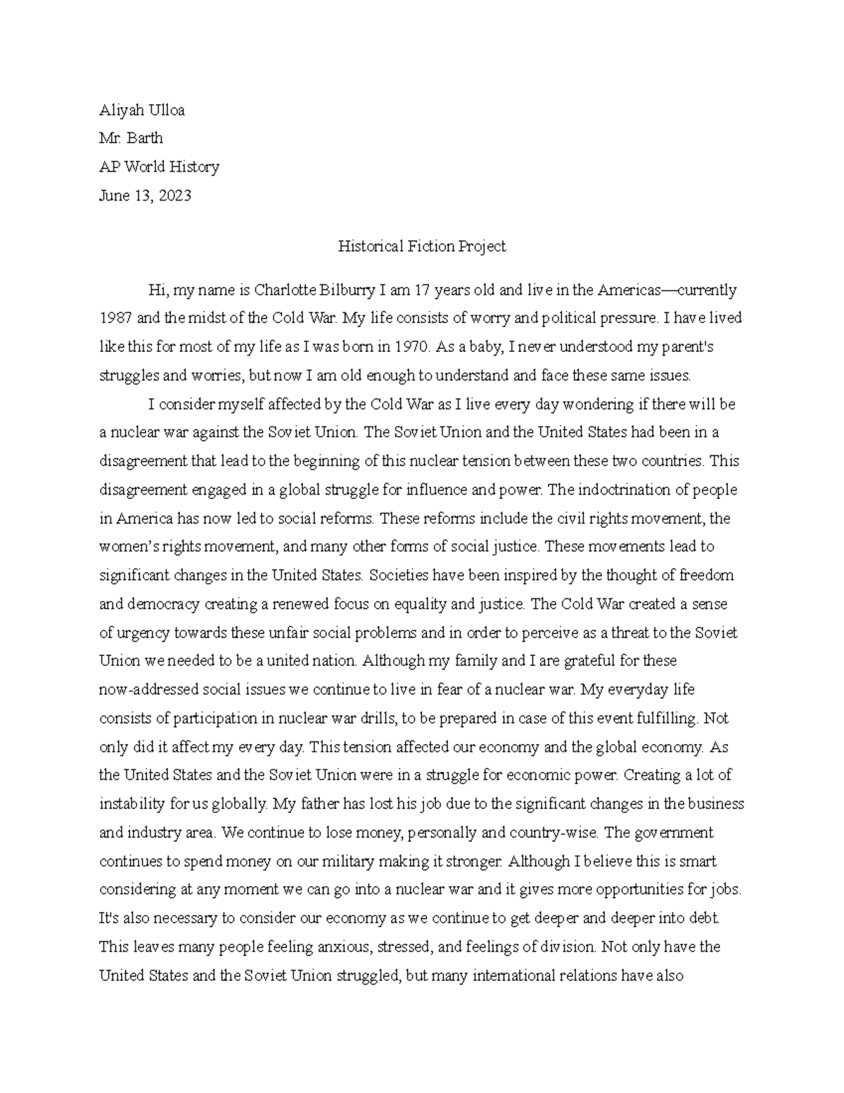 Historical Fiction Project - Aliyah Ulloa Mr. Barth AP World History ...