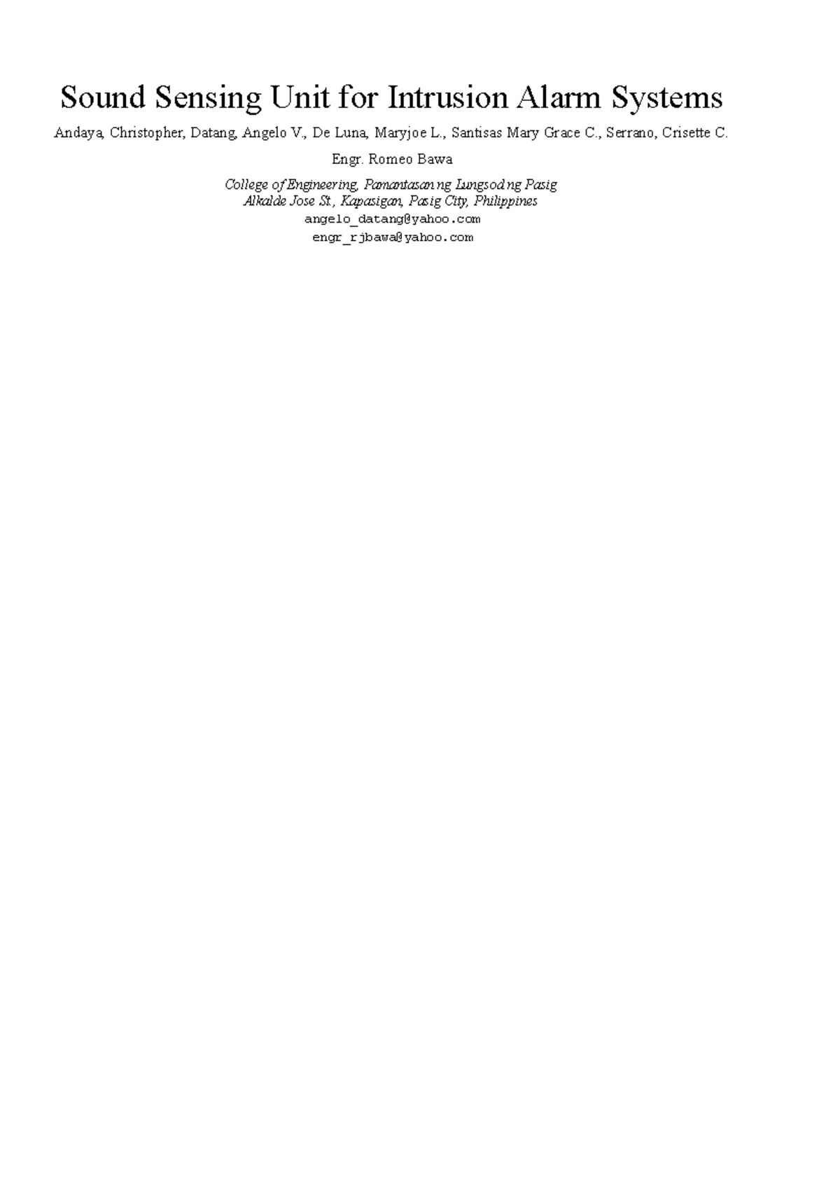 Sound Sensing UNIT FOR Intrusion Alarm System - Sound Sensing Unit for ...