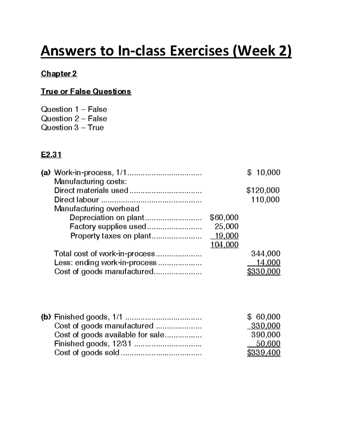 BUS 254 Week 2 (Answers to In-class Exercises) - Answers to In-class Exercises (Week 2) Chapter ...