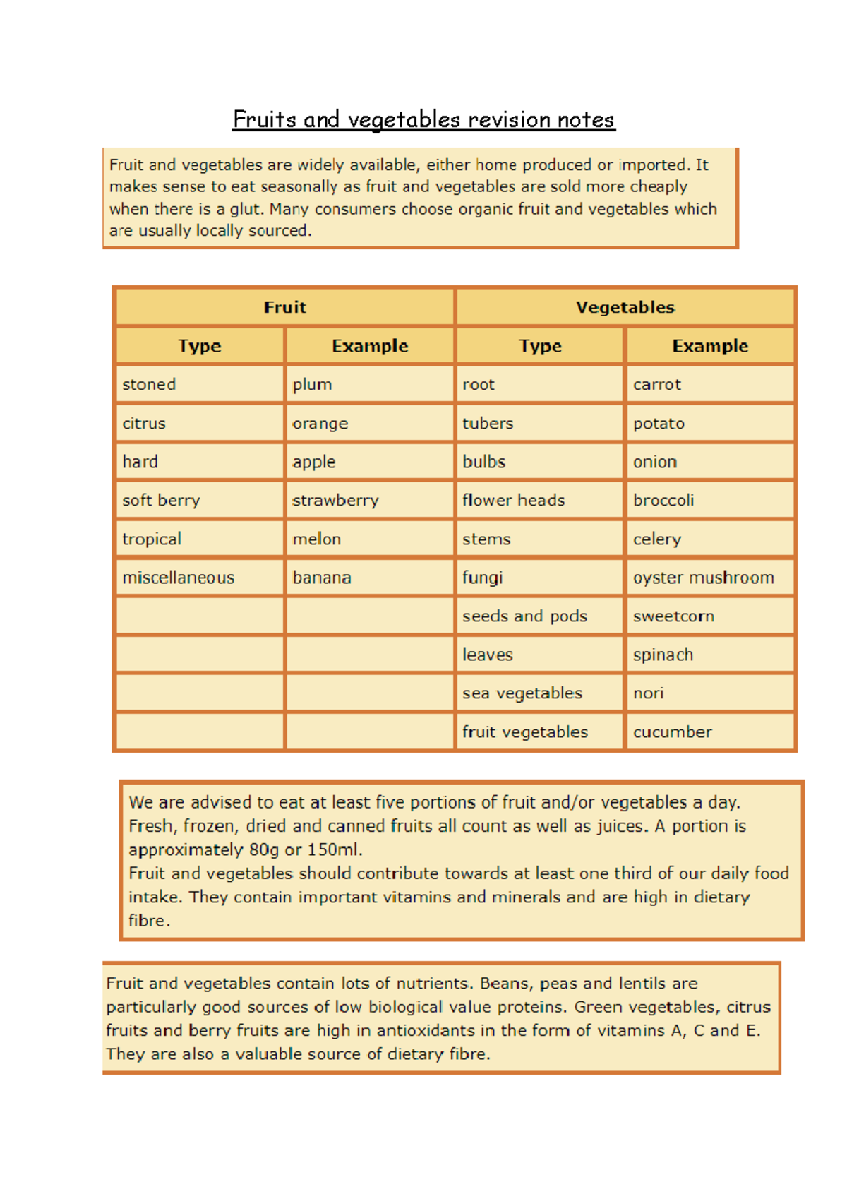 Fruits and vegetables revision notes - Studocu