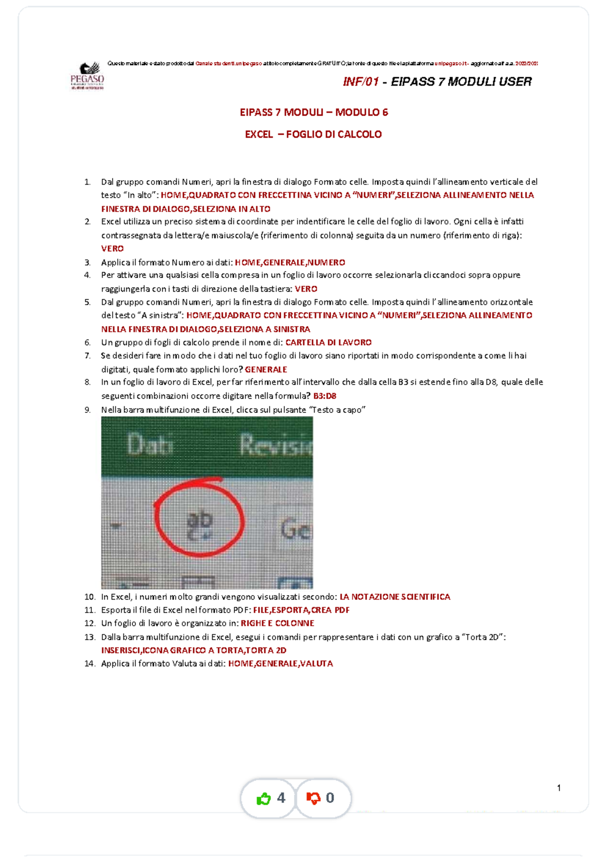 Modulo 6 eipass risposte - INF/01 - EIPASS 7 MODULI USER 1 EIPASS 7 MODULI – MODULO 6 EXCEL ...