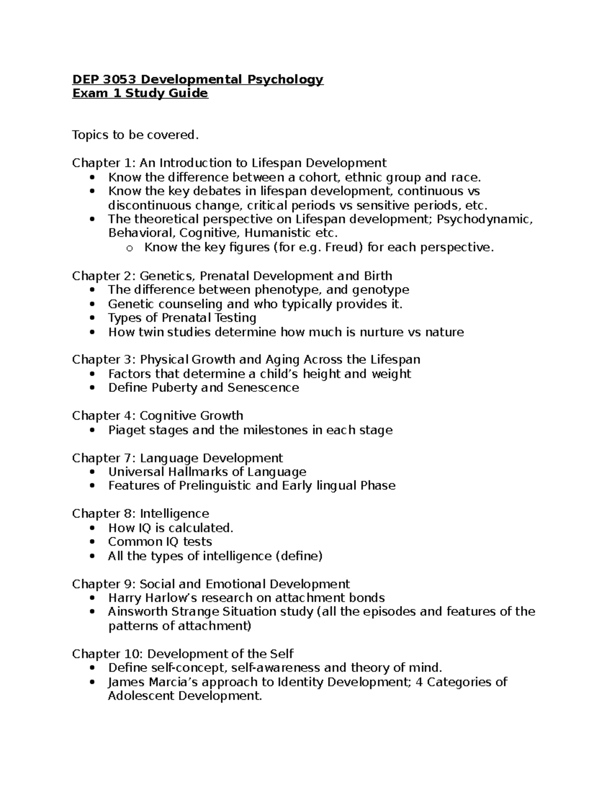 Exam 1 Study Guide - DEP 3053 Developmental Psychology Exam 1 Study ...