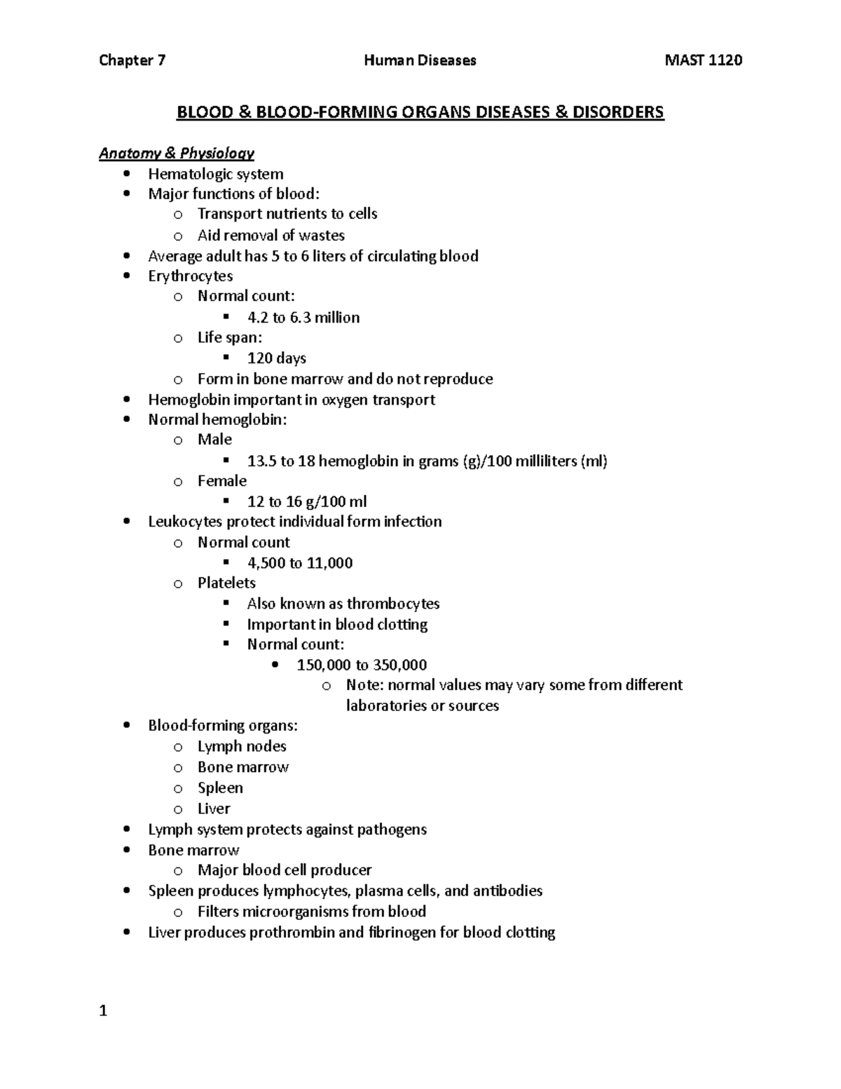 Ch. 7 notes - 1120 - Chapter 7 - Blood & Blood-forming organs diseases ...