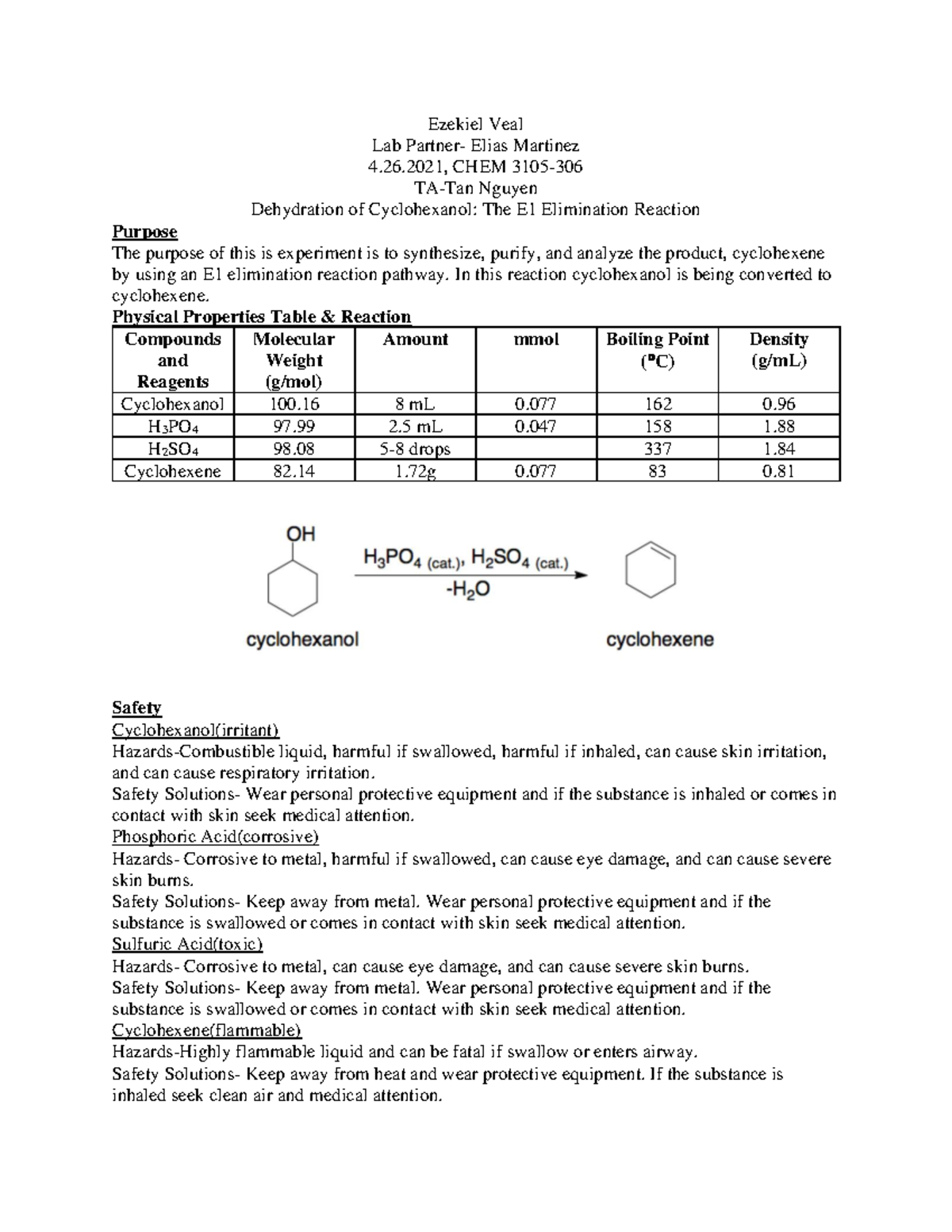 Ochem Lab Report 11 - Dehydration of Cyclohexanol: The E1 Elimination ...