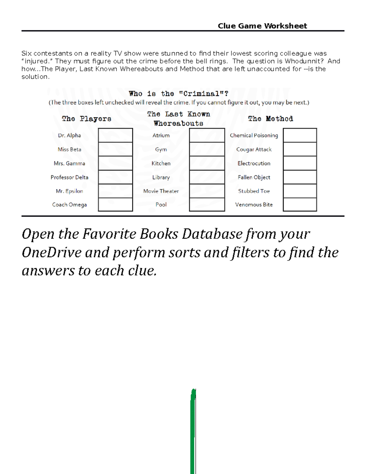 Clue Game Worksheet - Very good game. - Clue Game Worksheet Six ...