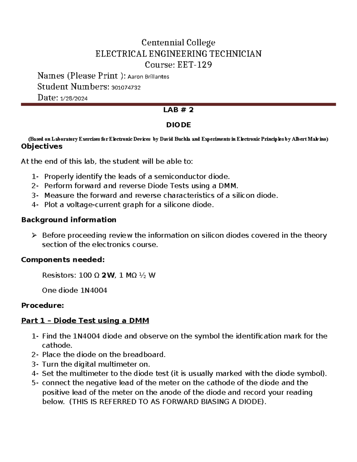 EET-129 LAB 2 Diode 23W - Lab for EET-129 - Centennial College ELECTRICAL ENGINEERING TECHNICIAN ...