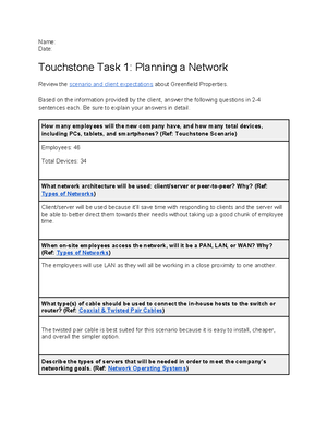 Touchstone 2.2 Planning IP Address Assignments - Name: Date: Touchstone Task 2: Planning IP ...