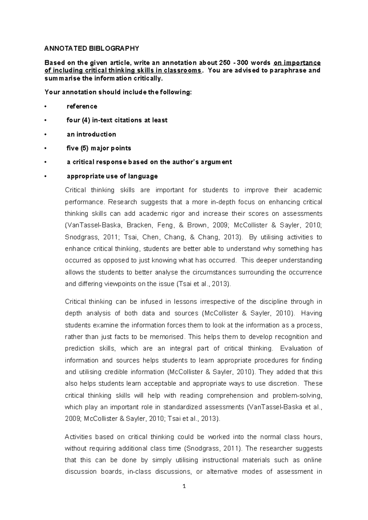 Annot Article (critical thinking) - ANNOTATED BIBLOGRAPHY Based on the ...