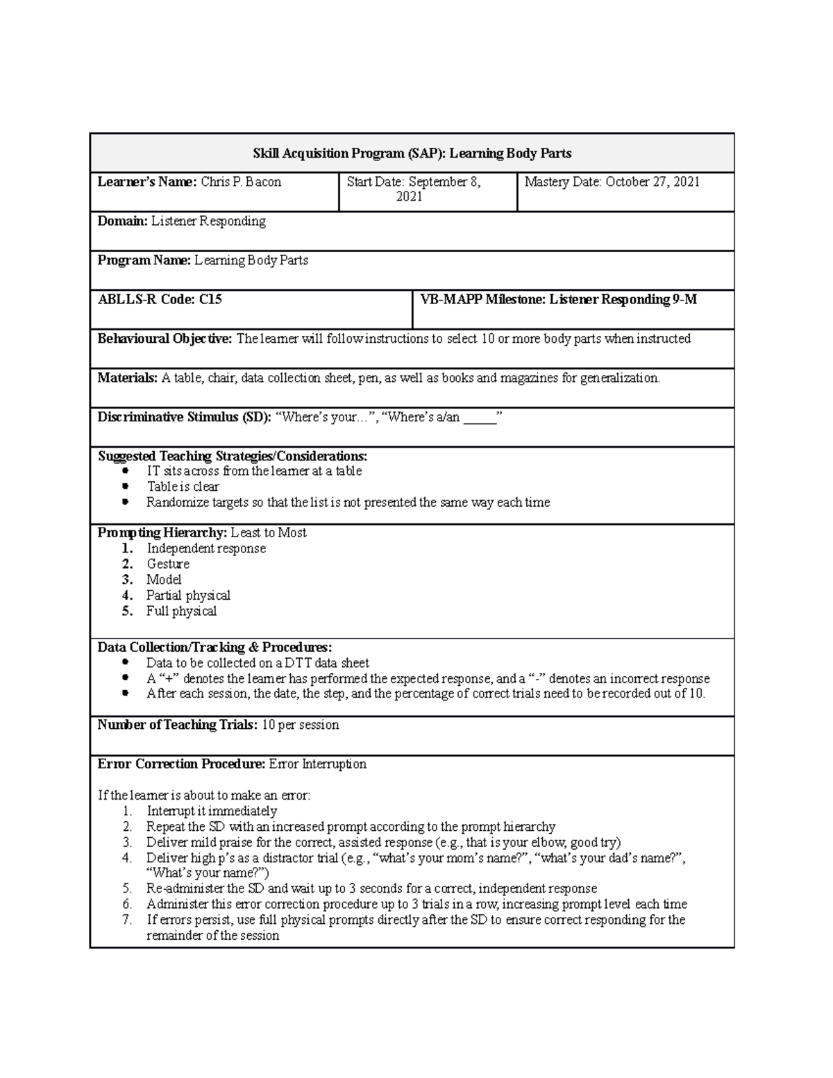 SAP 1 Final: Skill Acquisition Plan - Skill Acquisition Program (SAP ...