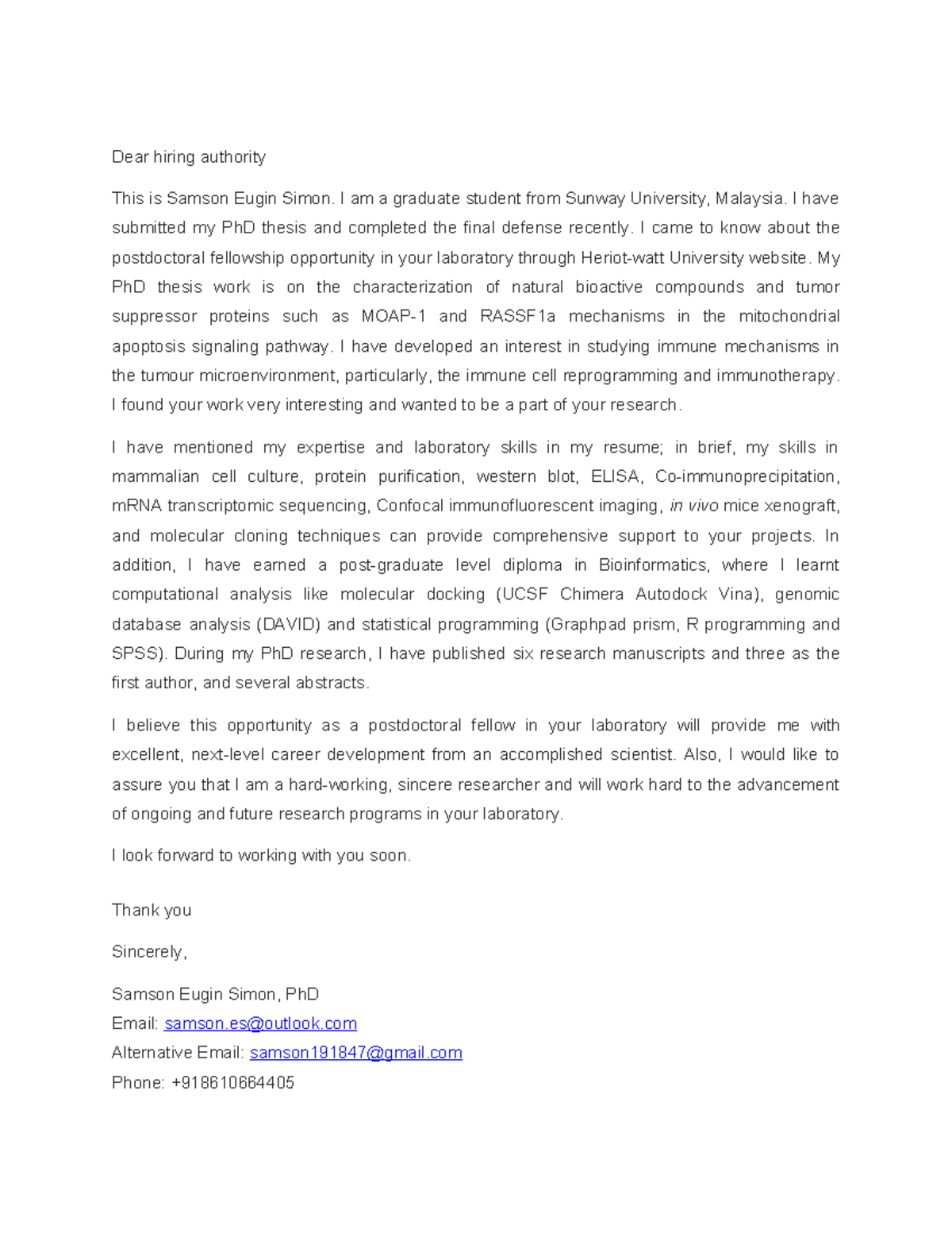 Research cover letter model - Dear hiring authority This is Samson ...