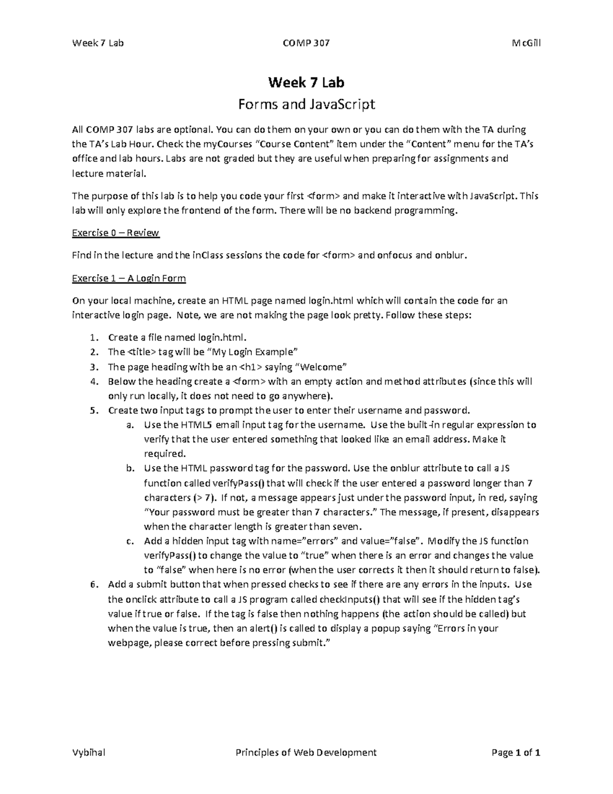 Week 7 Lab - Forms and JS - lab - Week 7 Lab COMP 307 McGill Vybihal Principles of Web ...