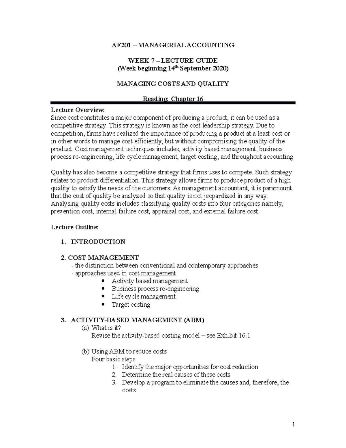 Week 7 Lecture guide - AF201 – MANAGERIAL ACCOUNTING WEEK 7 – LECTURE ...