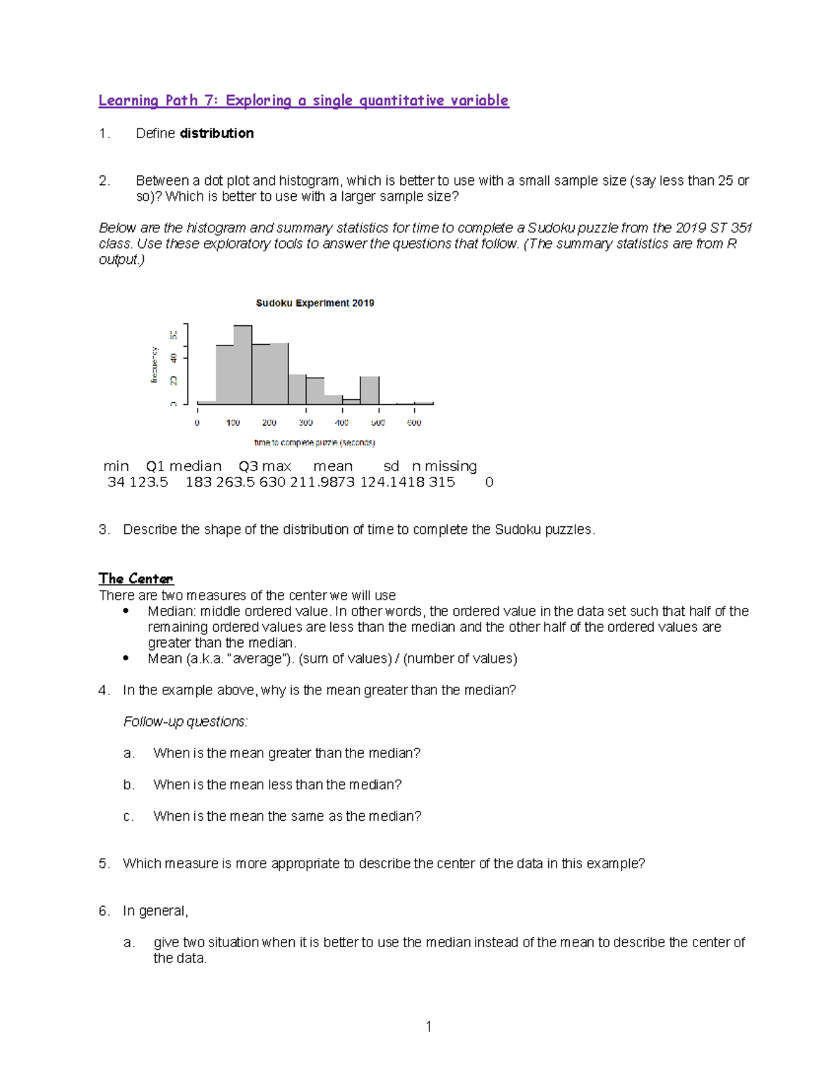 LP 7 - exploring quantitative variables - Learning Path 7: Exploring a single quantitative ...