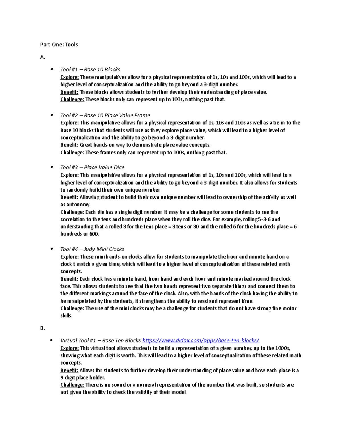 Math Methods Lesson Plan - Part One: Tools A. Tool #1 – Base 10 Blocks ...