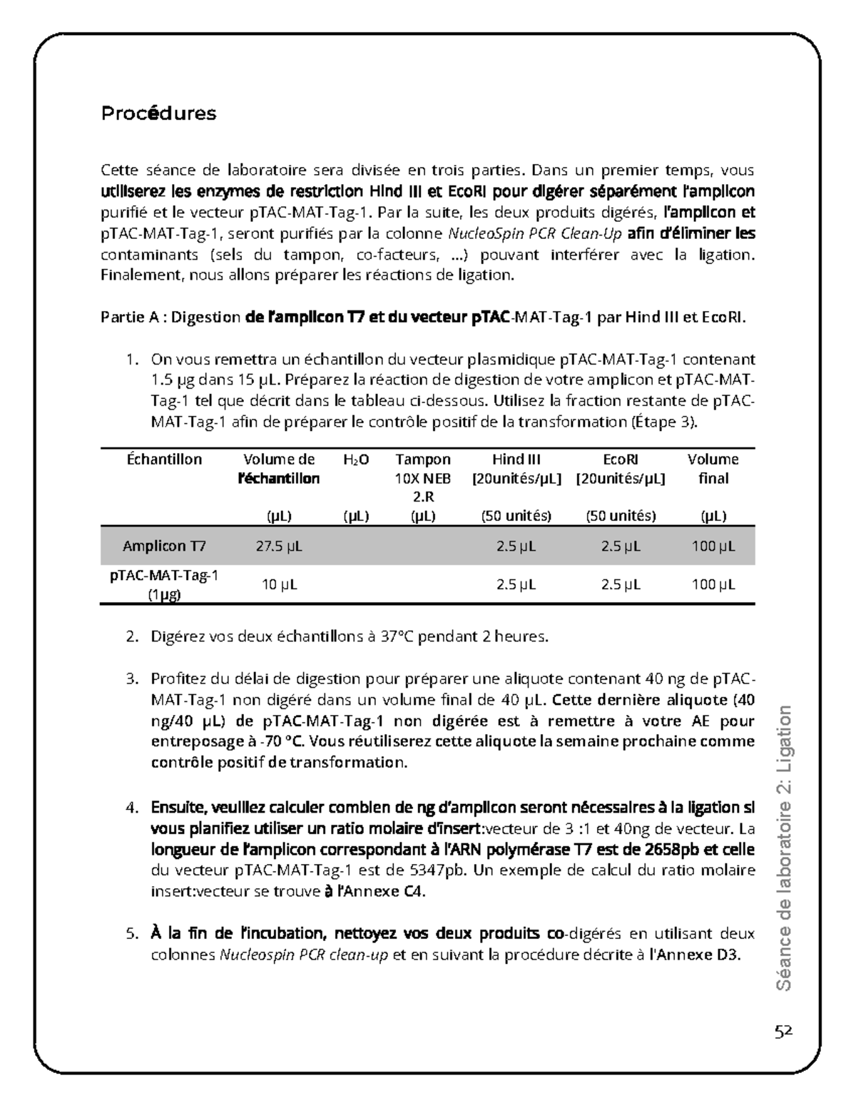 L2P - lab 2 procédure - french - Séance de laboratoire 2: Ligation Proc dures Cette séance de ...