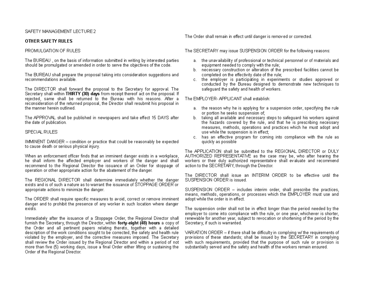Safety lec2 - SAFETY MANAGEMENT LECTURE 2 OTHER SAFETY RULES ...