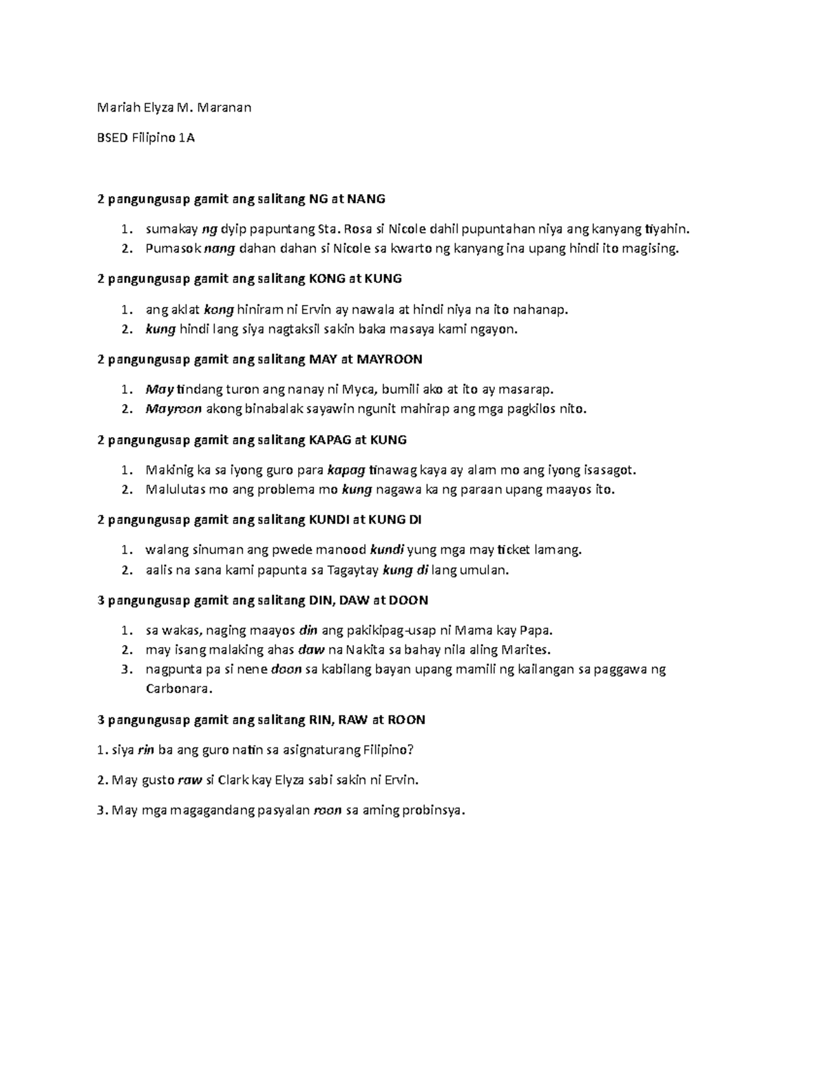Gramatika - Mariah Elyza M. Maranan BSED Filipino 1A 2 pangungusap ...