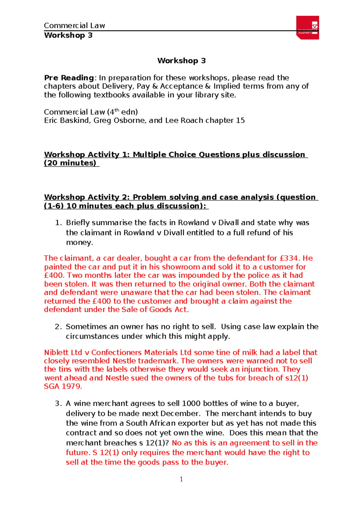 Workshop 3 - Workshop 3 Workshop 3 Pre Reading: In preparation for ...