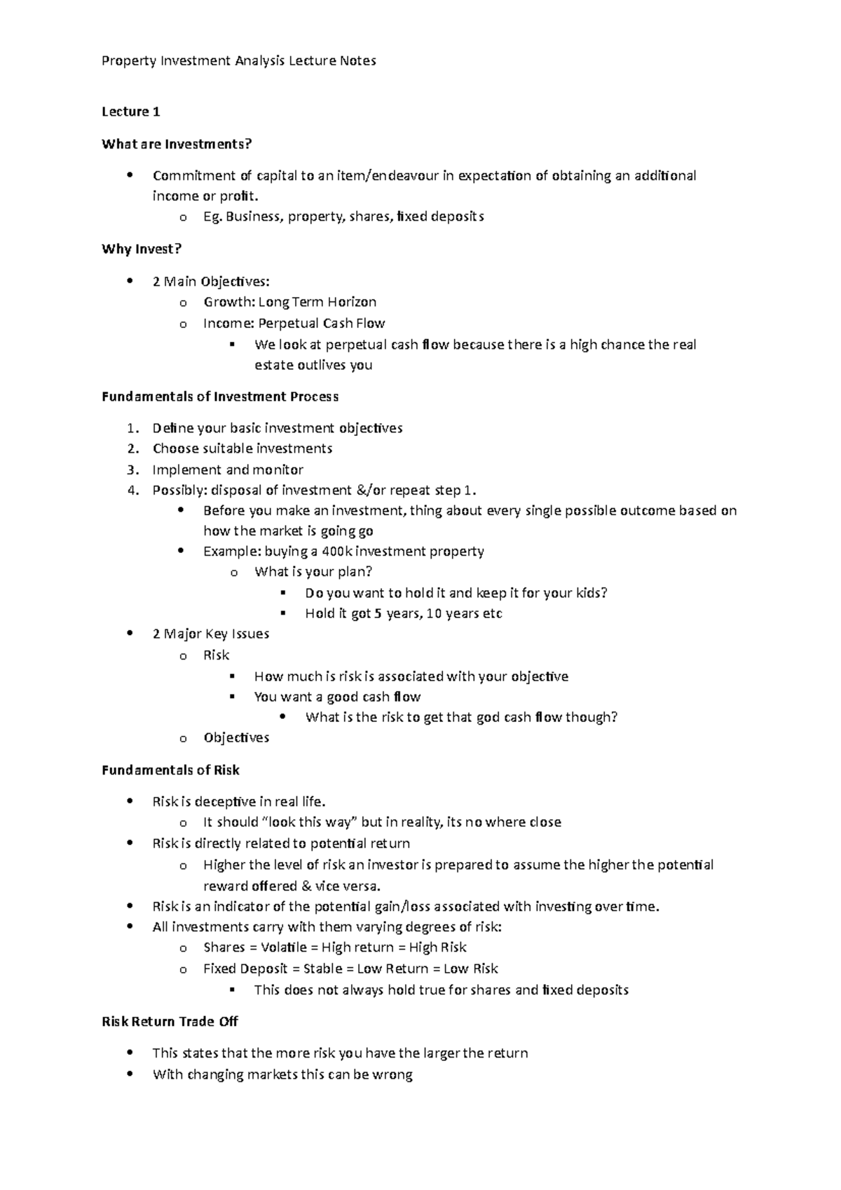 Property Investment Analysis Lecture Notes - Lecture 1 What are ...