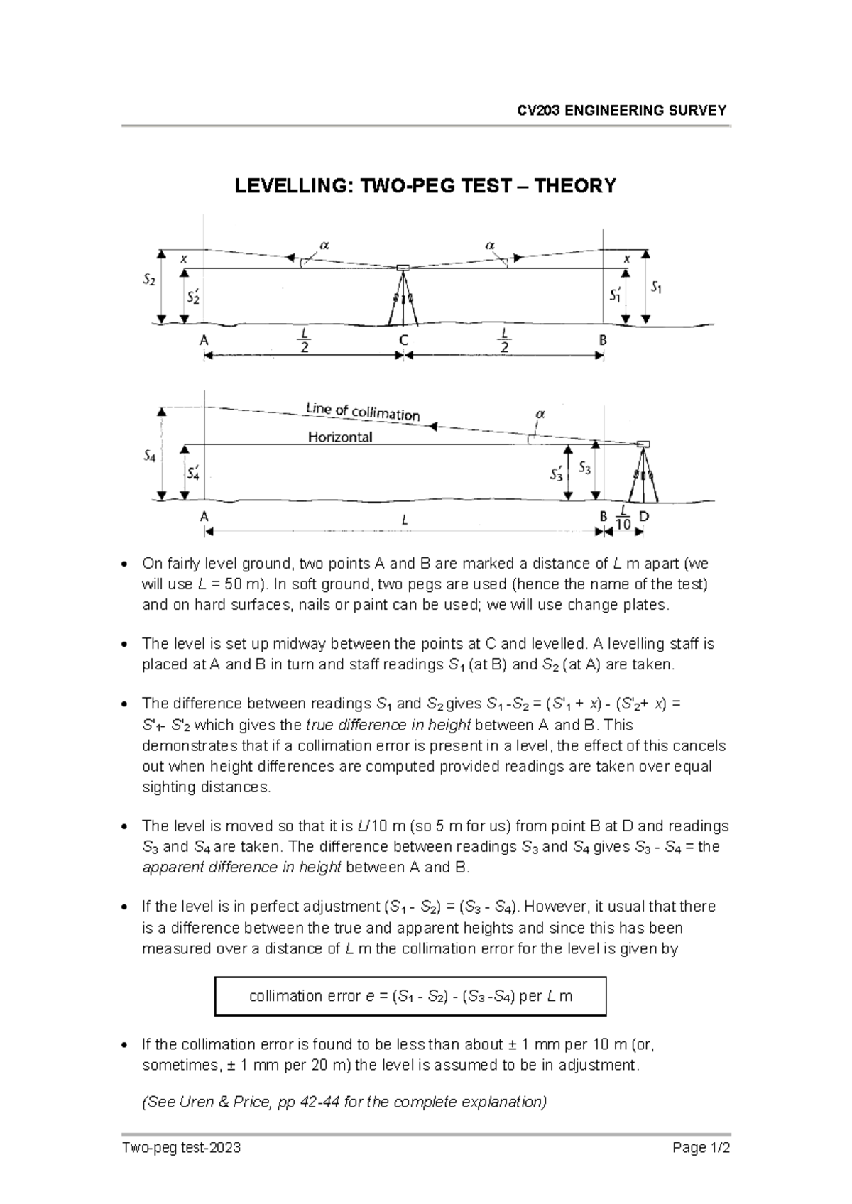 1 Levelling Two-Peg Test - CV203 ENGINEERING SURVEY Two-peg test-202 3 ...