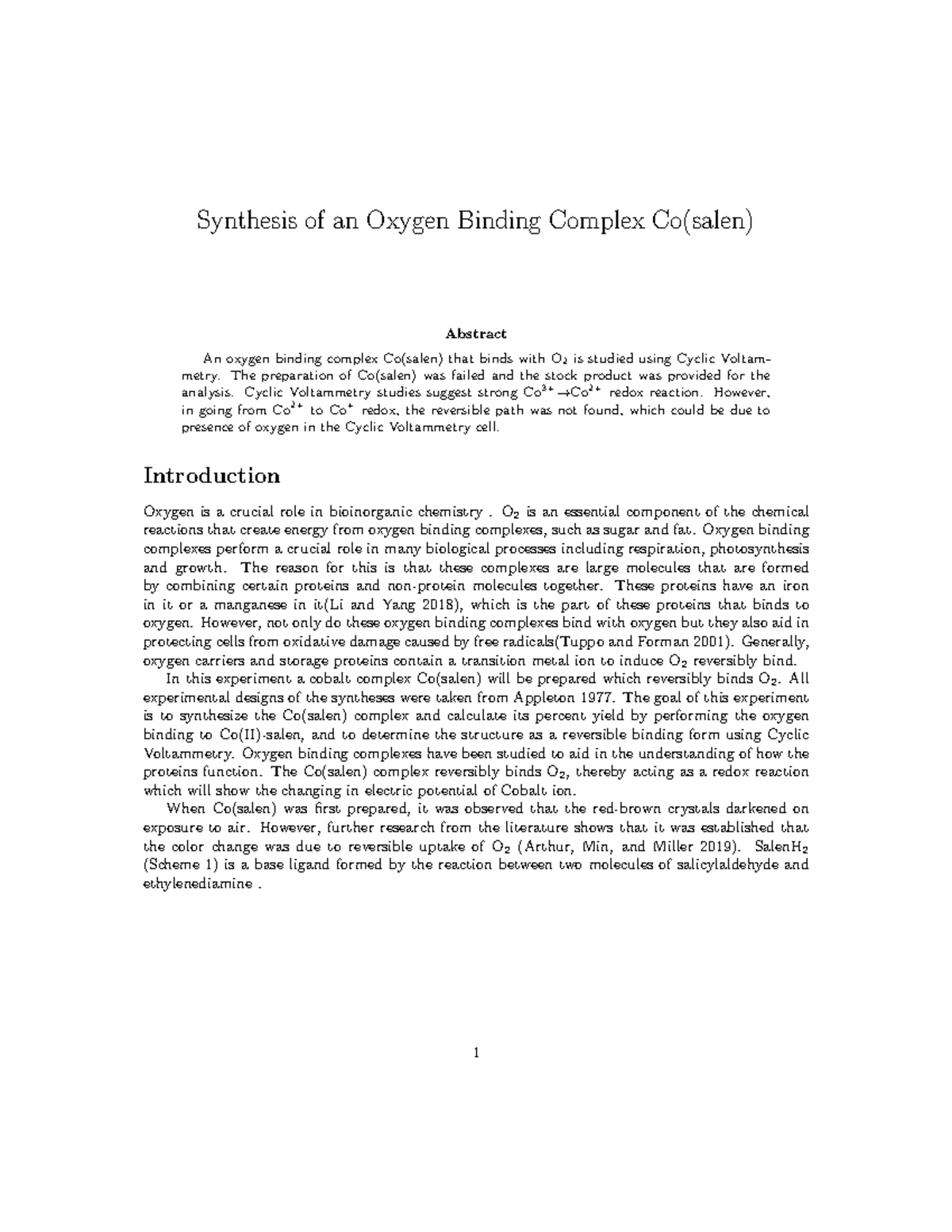 Synthesis of an Oxygen Binding Complex Co(salen) - Synthesis of an ...