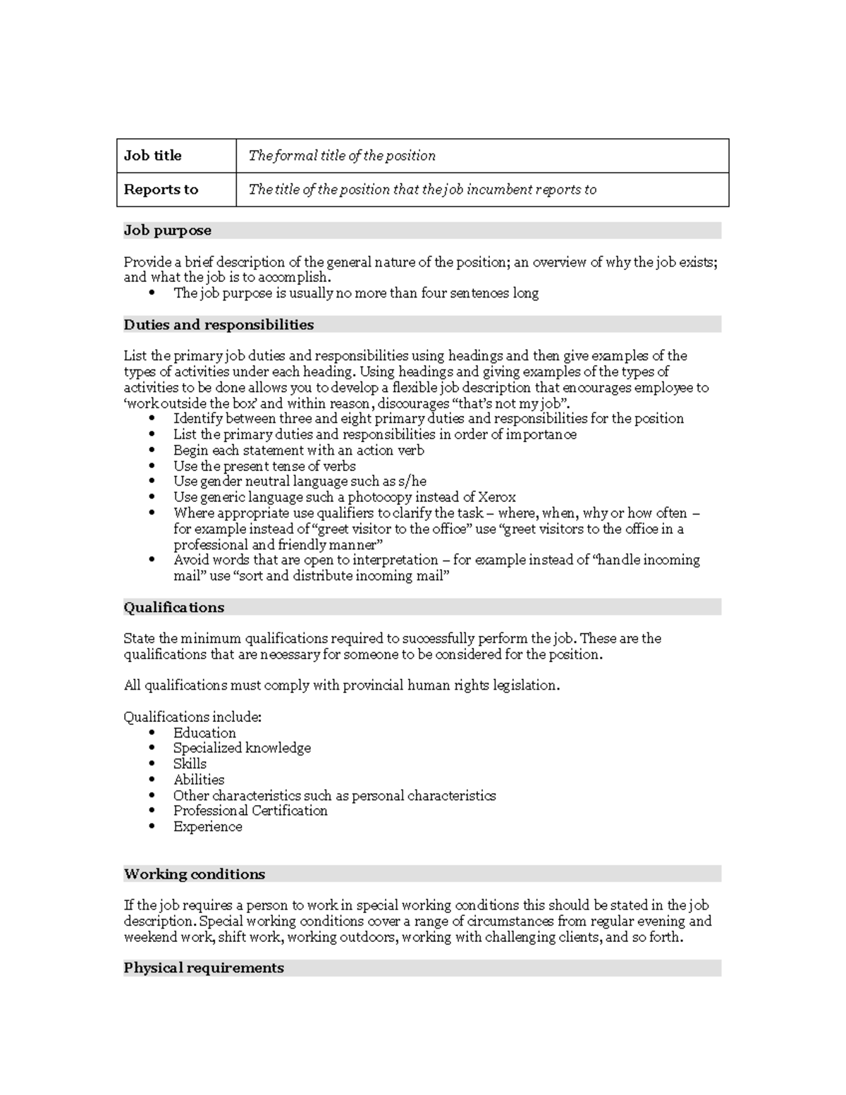 Job Description Template - Job title The formal title of the position ...
