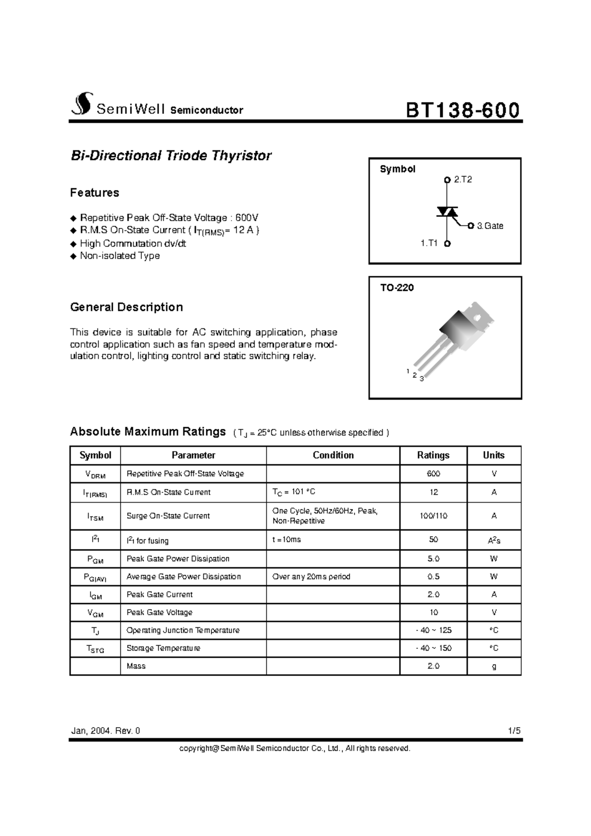 BT138 - datasheet - Absolute Maximum Ratings ( T J = 25°C unless ...